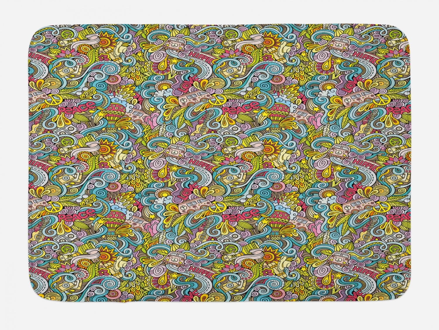 Colorful Bath Mat, Cartoon Theme Hippie Style Illustration of Floral ...