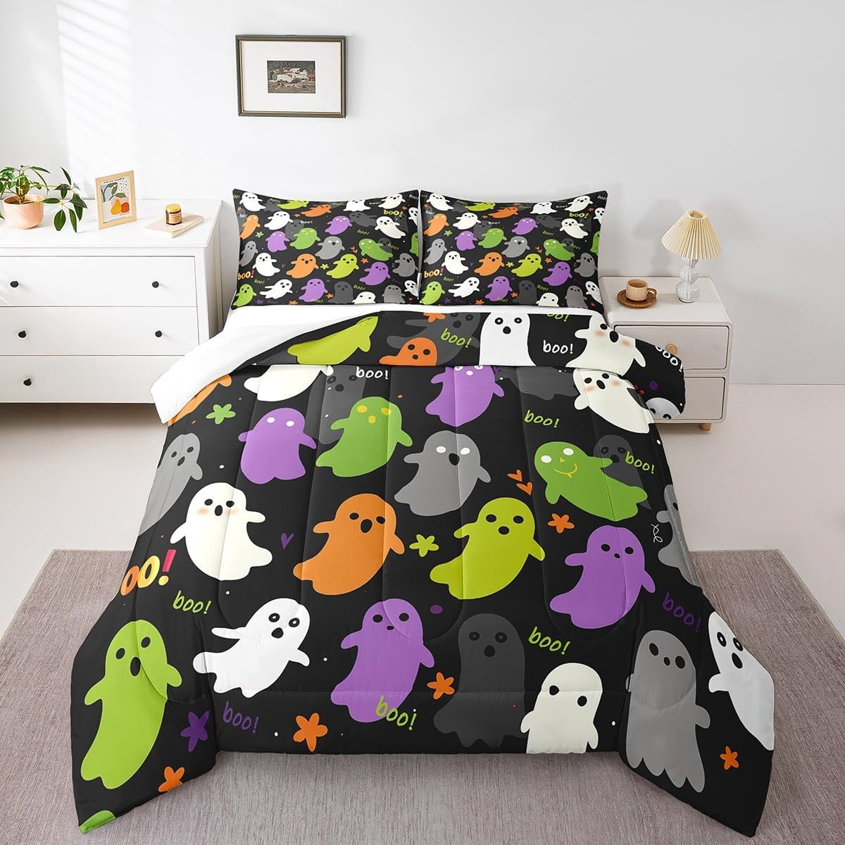 Colorful Bats Pattern Comforter Set Black Purple Bat Bedding Set for ...