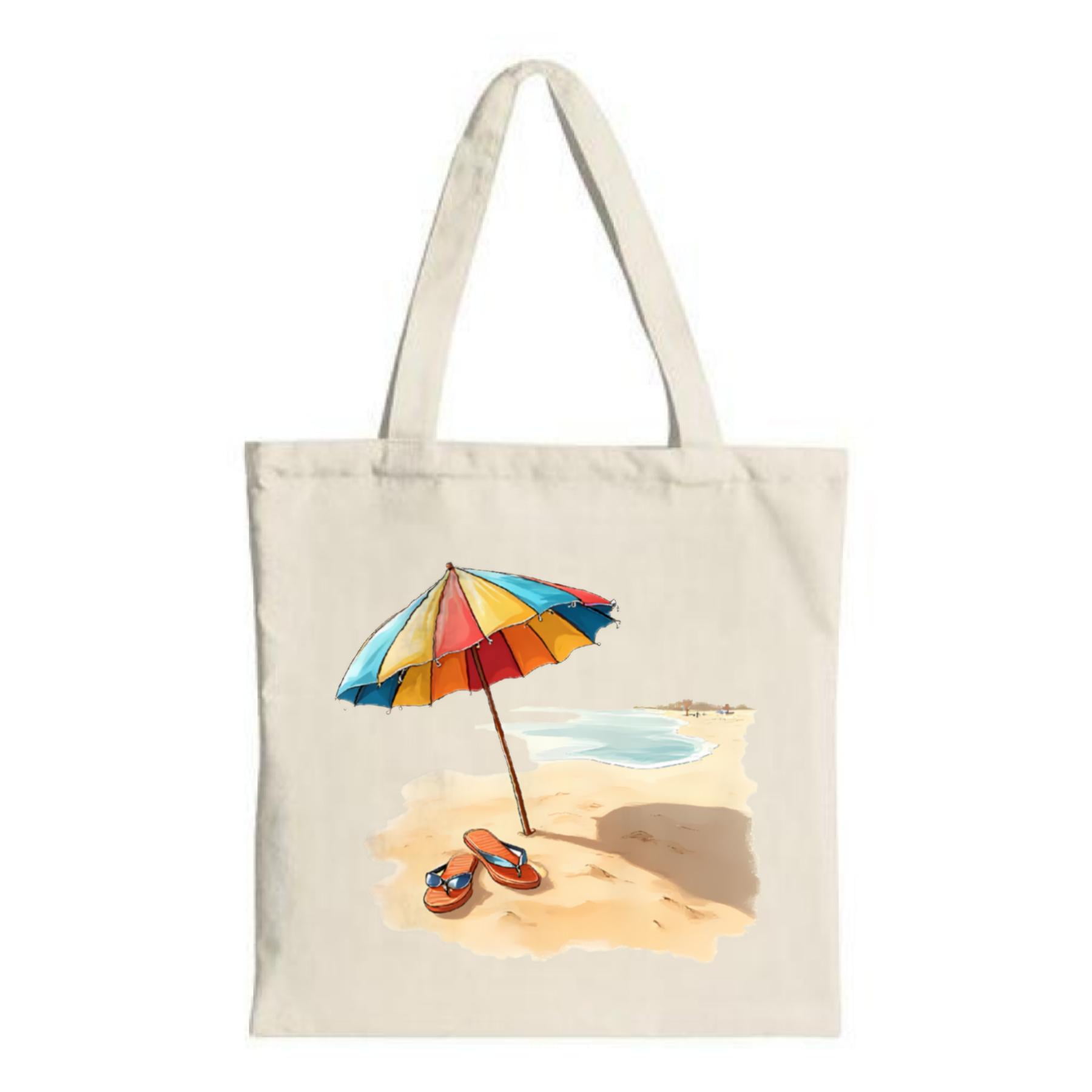Colorful Beach Scene Tote Bag - Vibrant Umbrella Flip - Flops & Palm ...