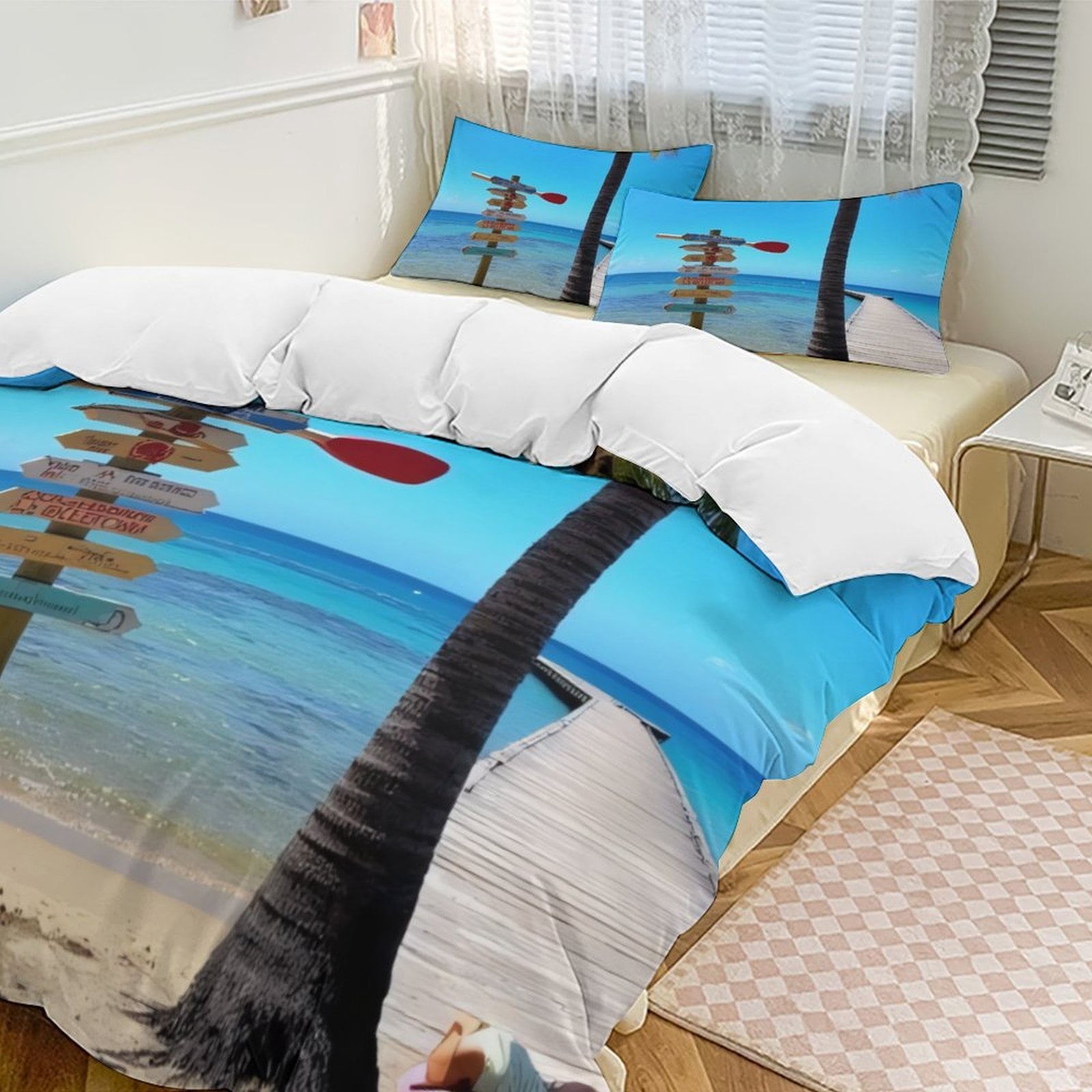 Colorful Beach Signpost, Palm Tree, Dock Duvet Cover Set Themed ...