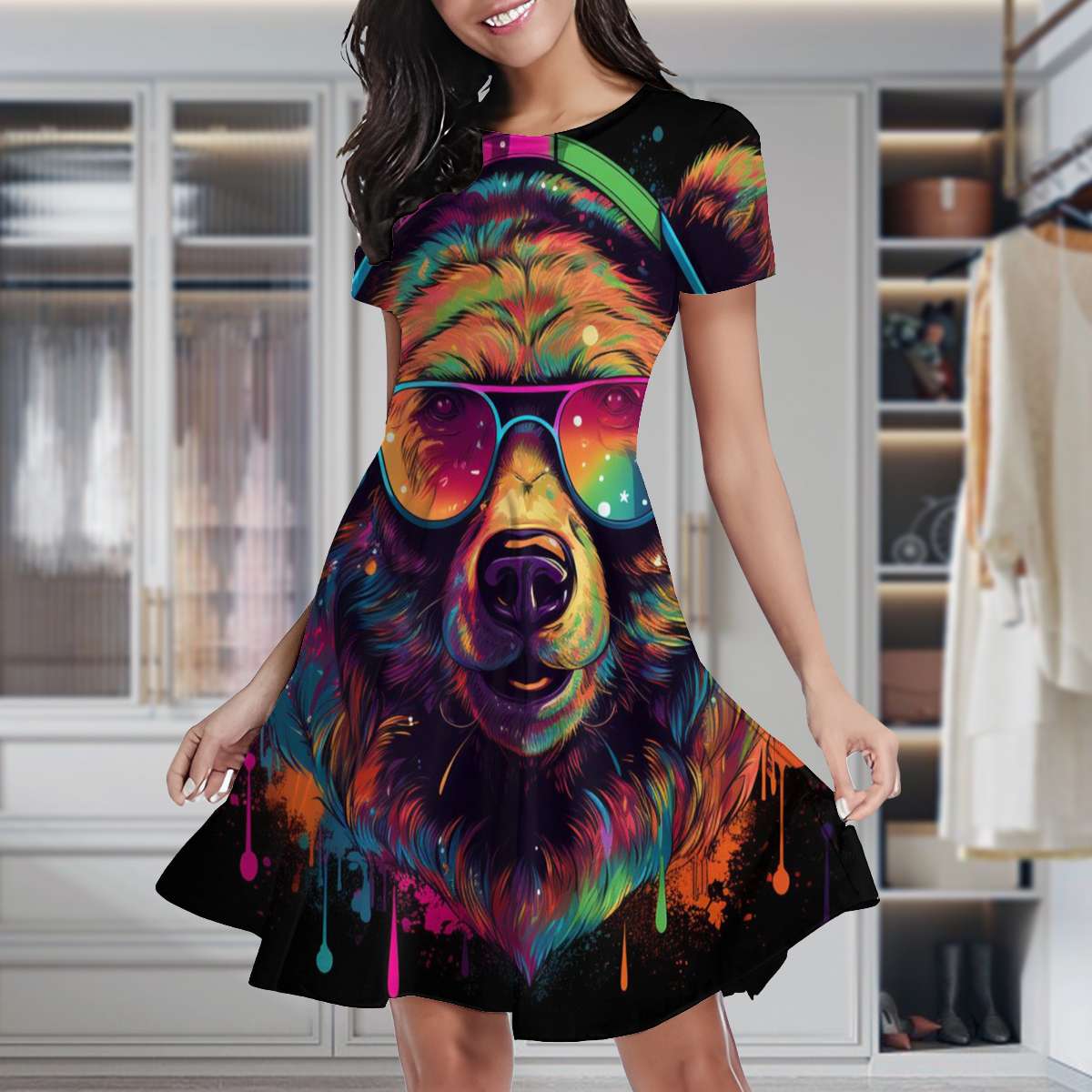Colorful Bear With Headphones Women's Classic Swing Skater Dress Casual ...