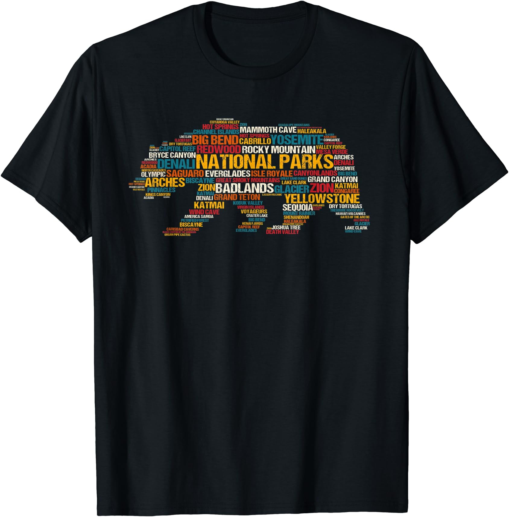 Colorful Bear Word Cloud National Parks T-Shirt for Camping and Hiking ...