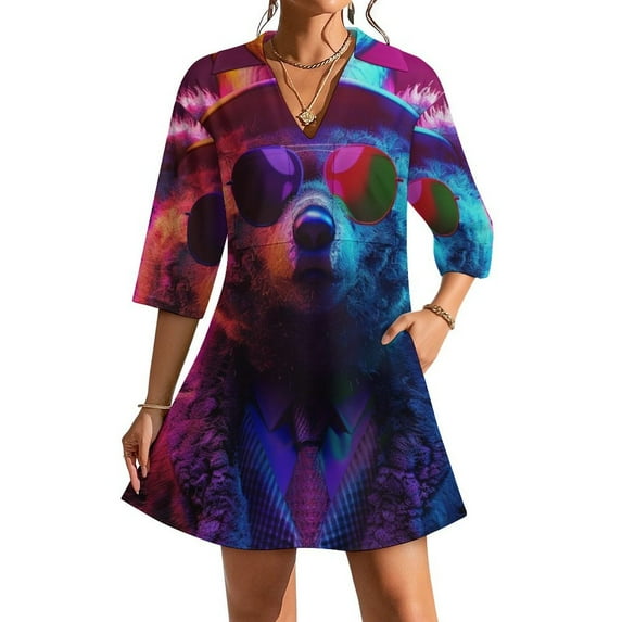Colorful Bear in Hat And Glasses Womens Dress With Pockets Summer V ...