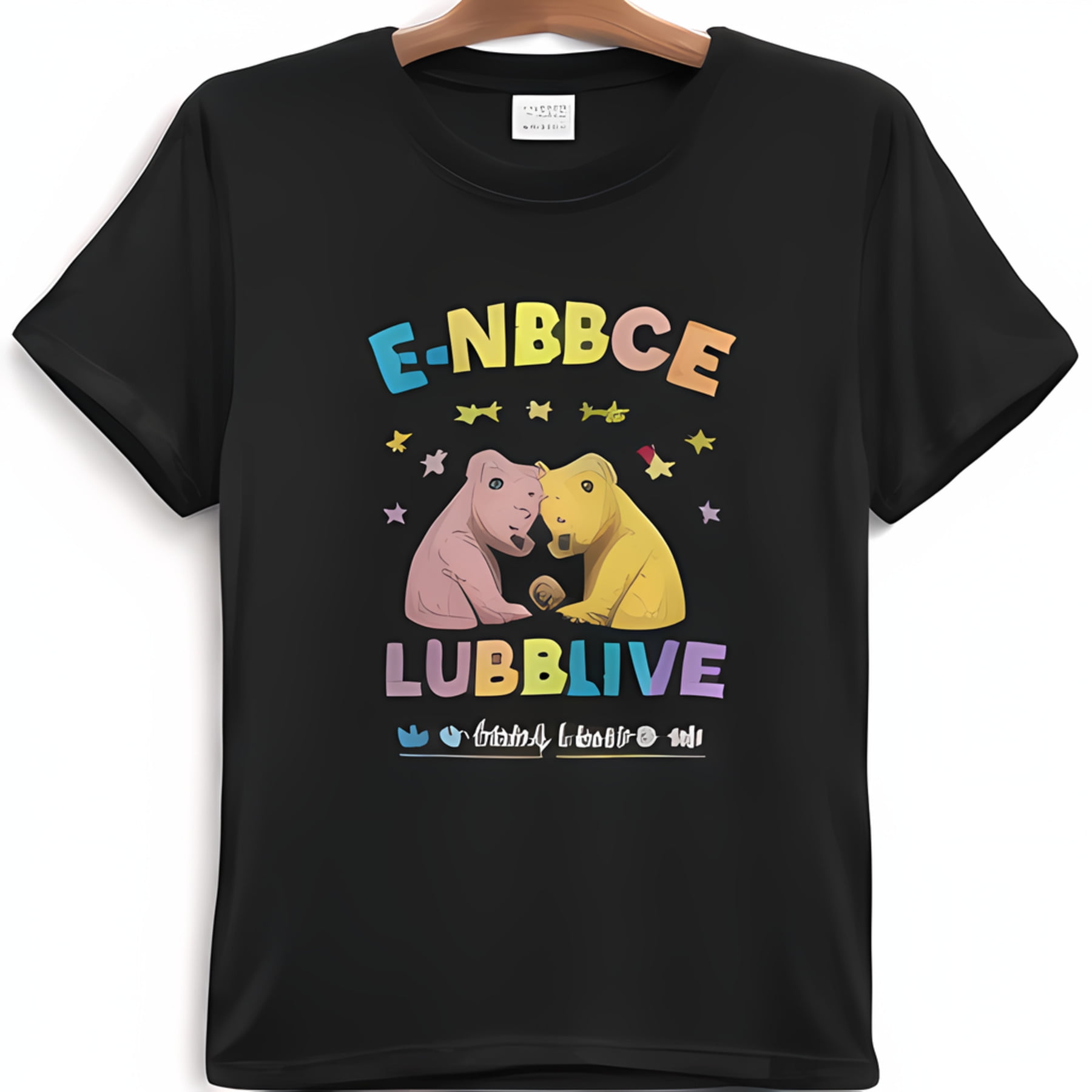 Colorful Bears Hugging in Rainbow Stars Cute Black T-Shirt with E SAFI ...
