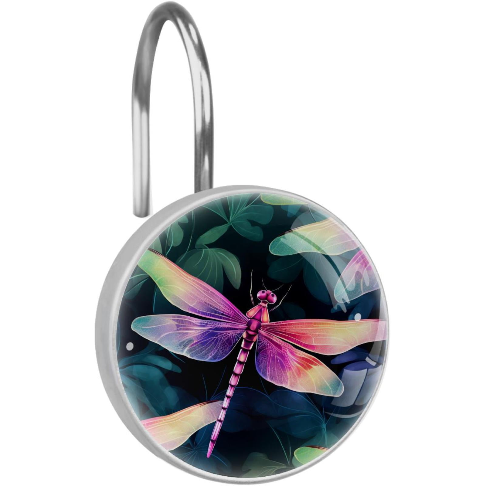 Colorful Beautiful Dragonfly Shower Curtain Hooks Round Crystal Glass, Set of 12 Shower Curtain ...