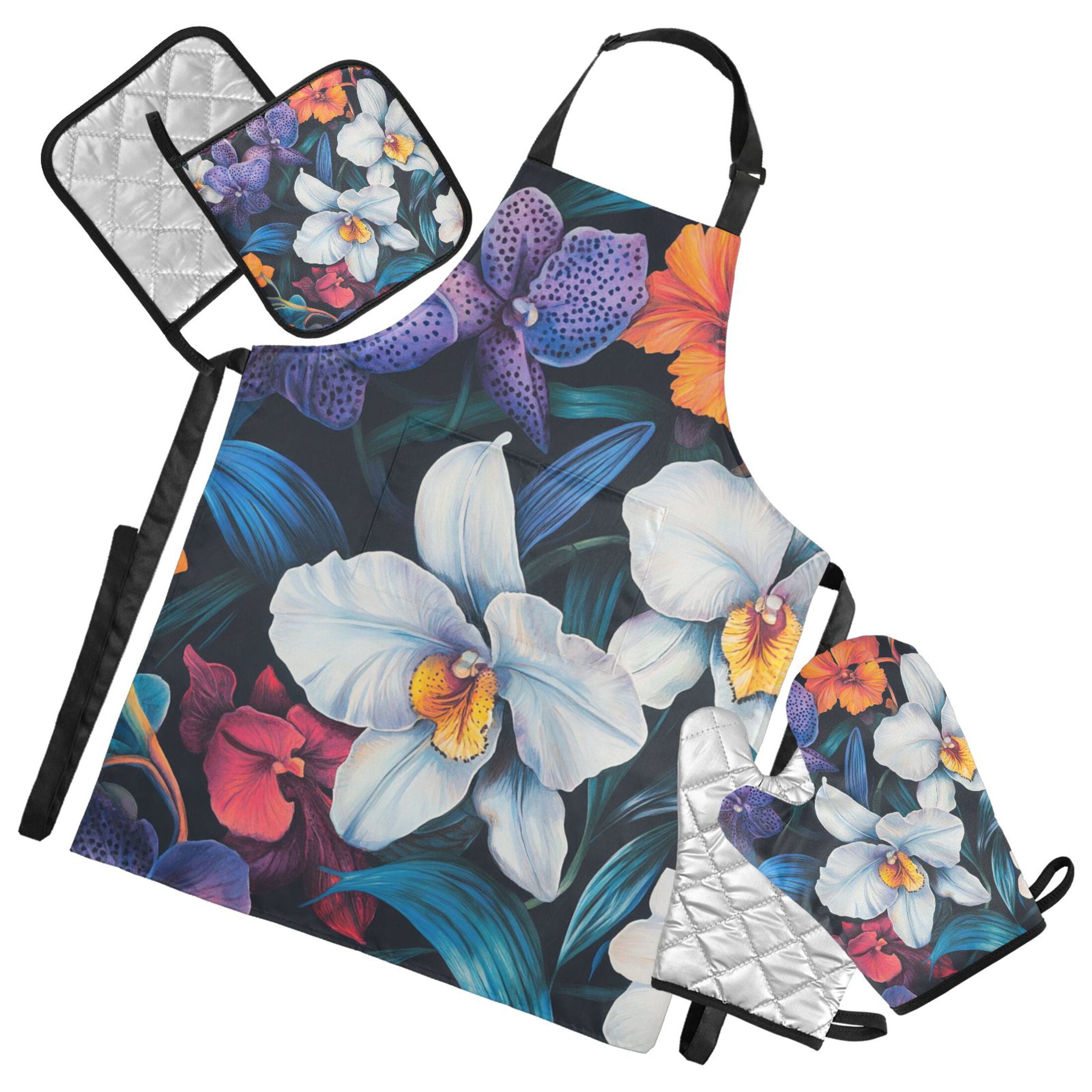Colorful Beautiful Flowers Oven Mitts and Pot Holders with Chef Apron ...