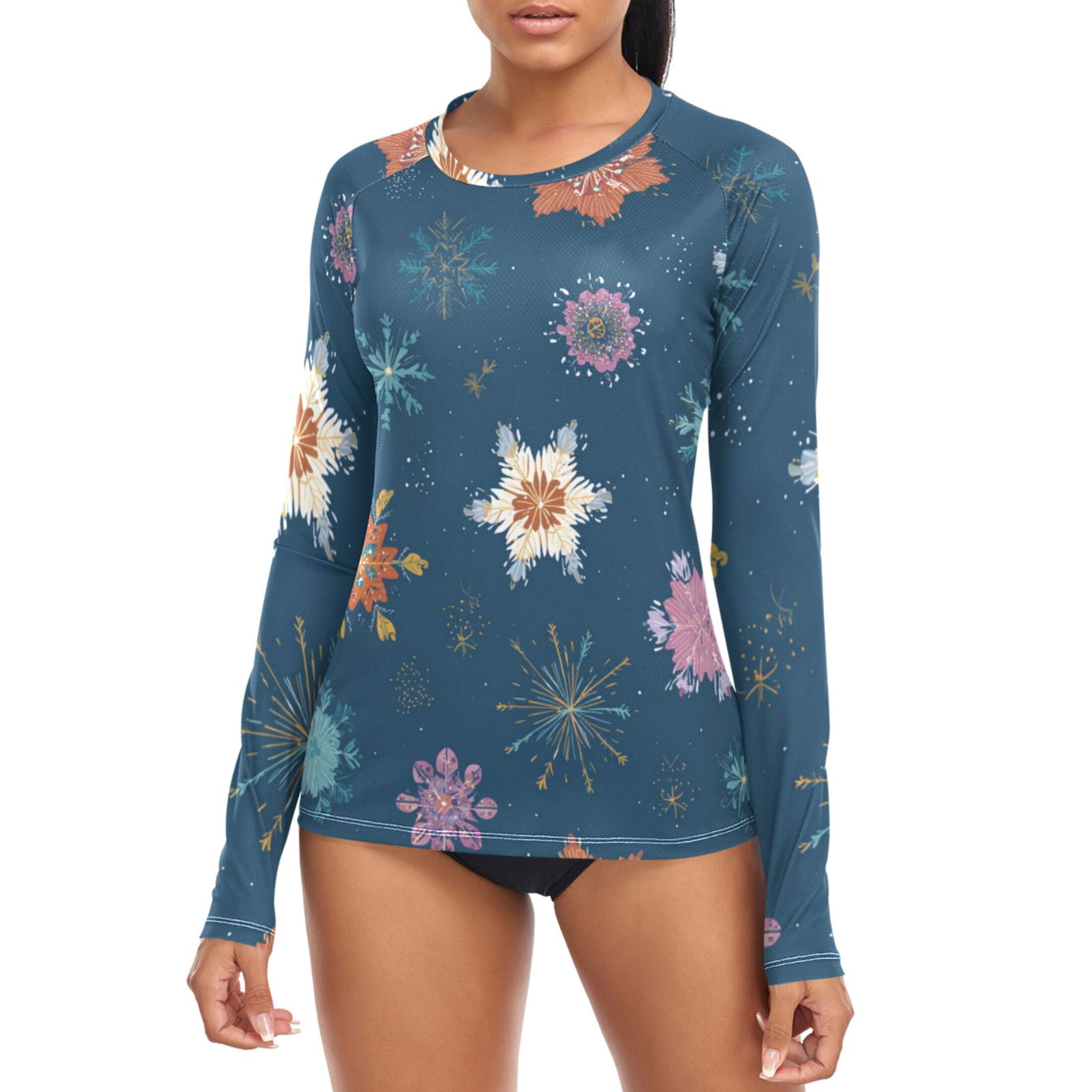 Colorful Beautiful Snowflakes Christmas Women's Rash Guard Shirts UPF ...