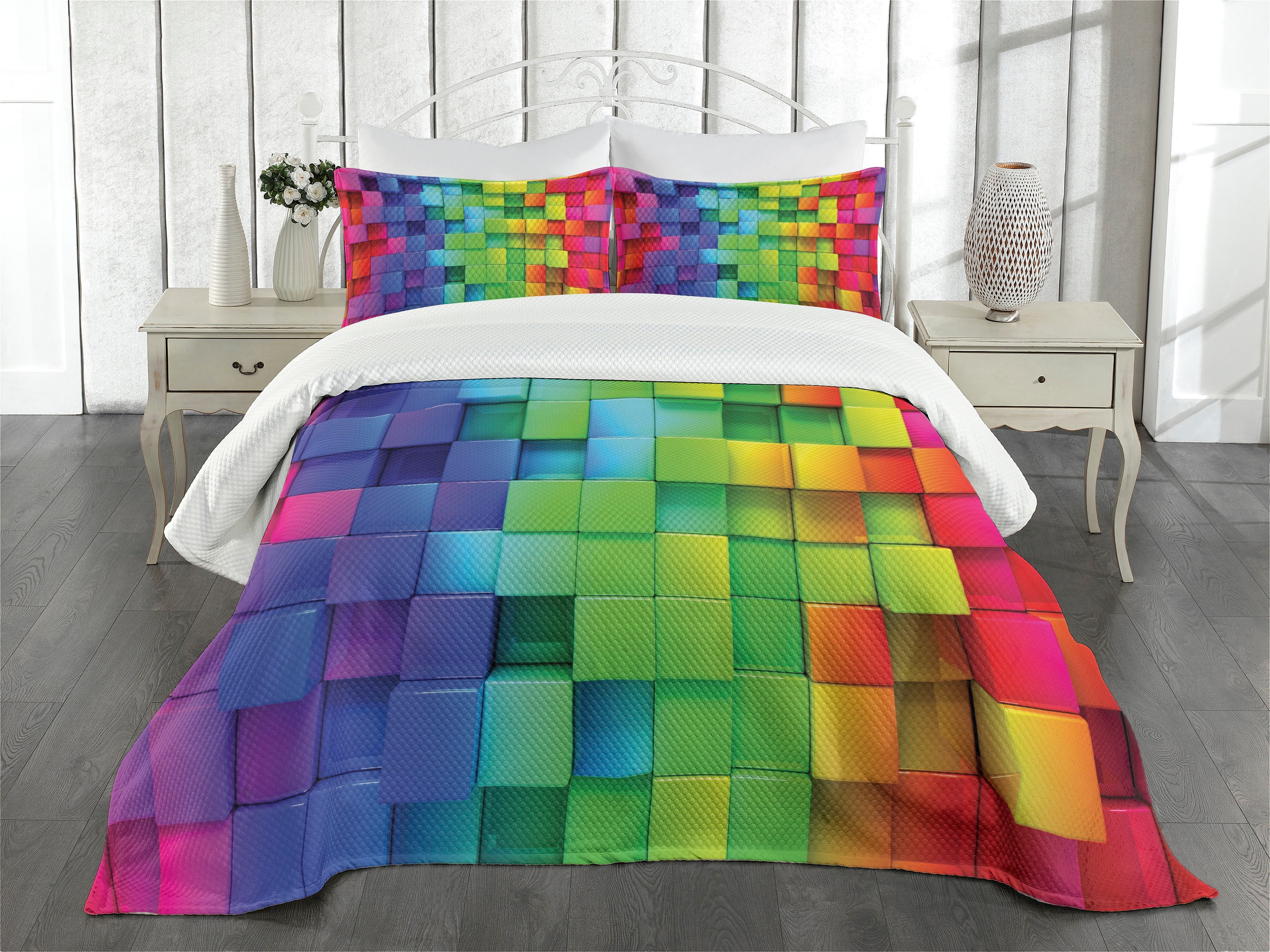 Colorful Bedspread, Rainbow Colored Contour Display Futuristic Block ...
