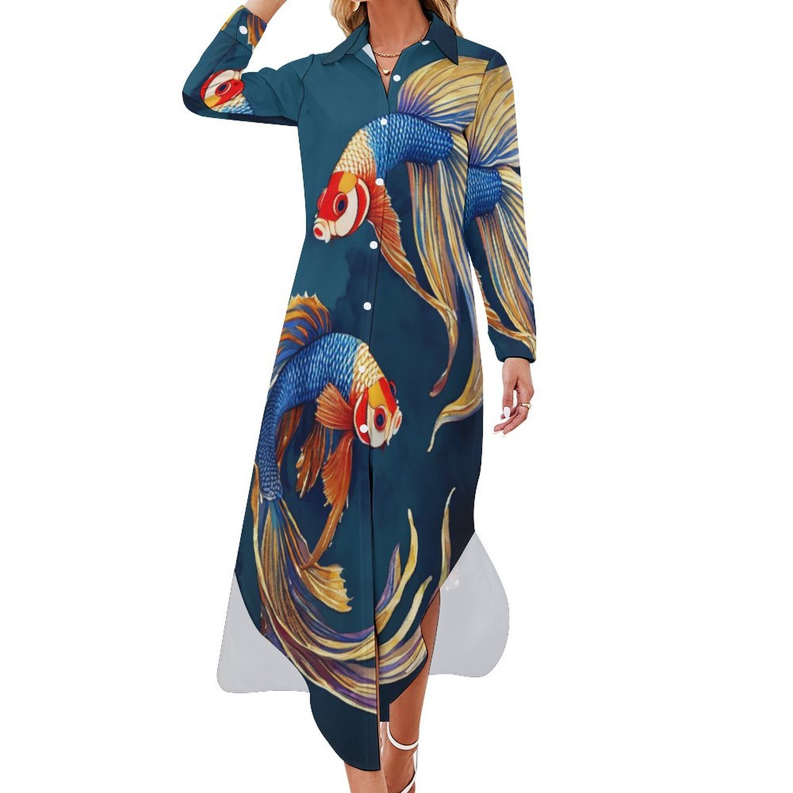 Colorful Betta Fish Art Shirt Dress Long Sleeve Street Fashion V Neck ...