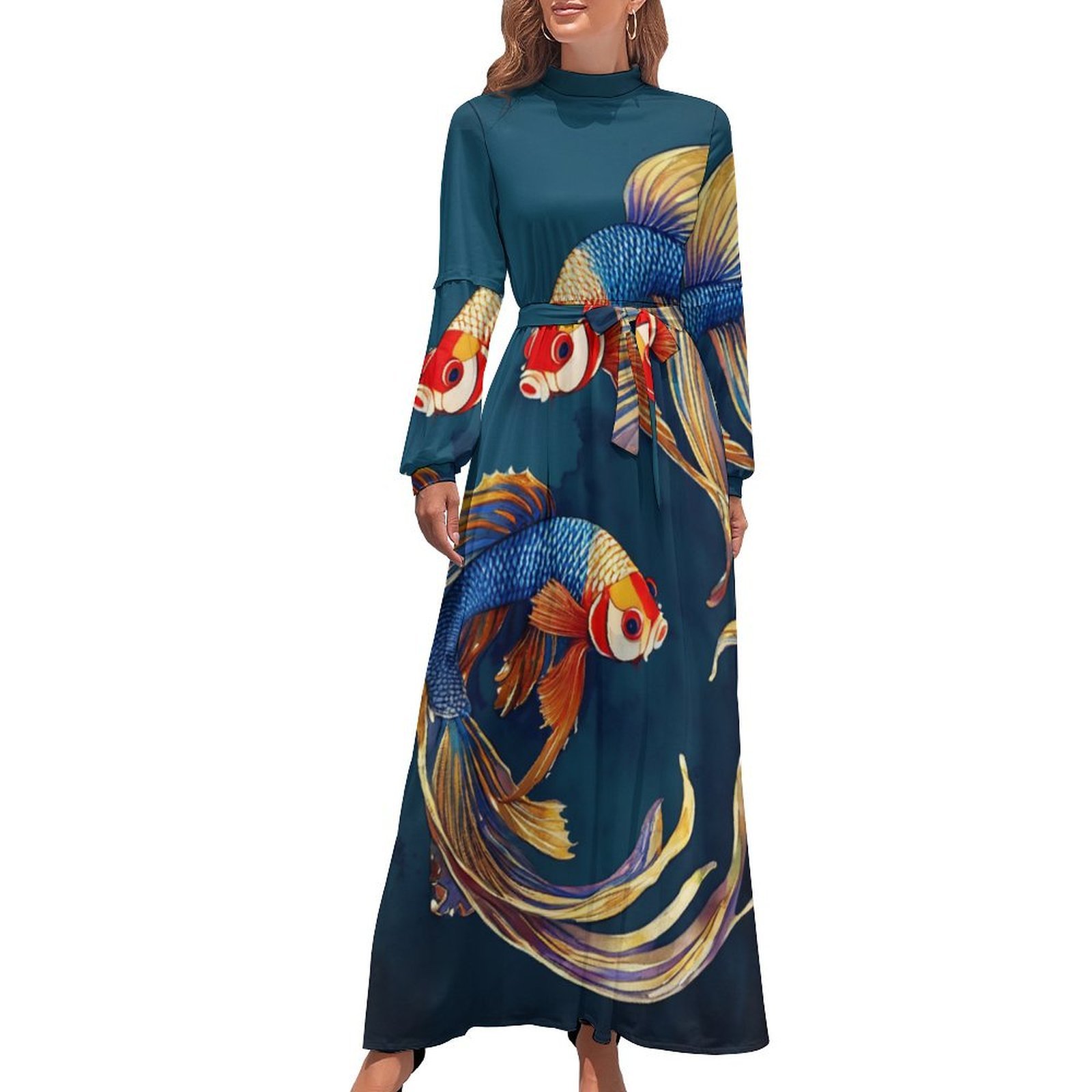 Colorful Betta Fish Art Women's Long Dress Long Sleeves Dress Vintage ...