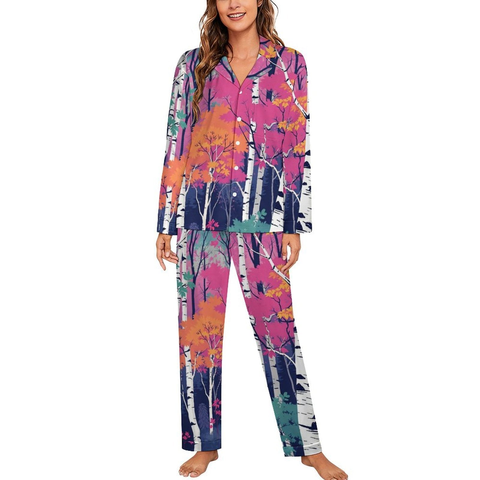 Colorful Birch Forest Autumn Pajamas Woman Home Suit Autumn Long Sleeve ...