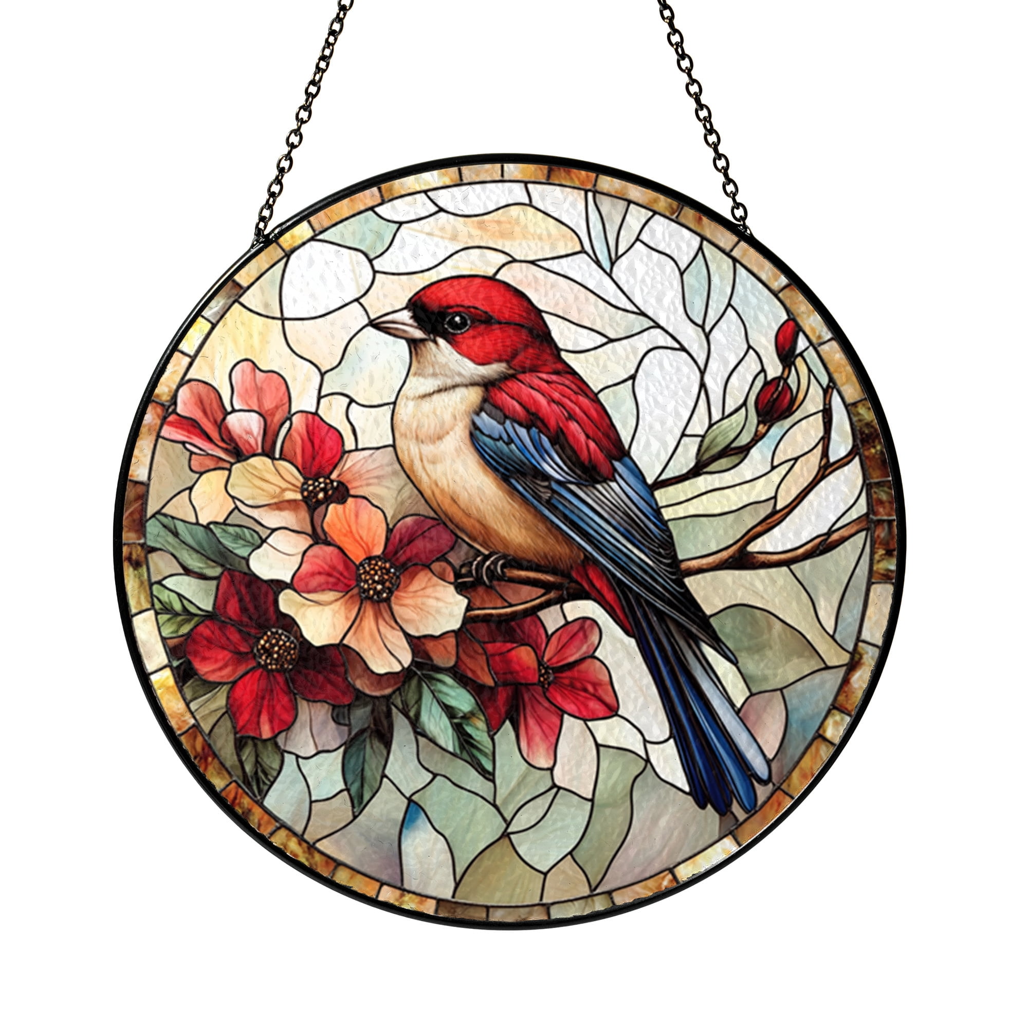 Colorful Bird and Floral Stained Glass Style Window Suncatcher Hanging ...