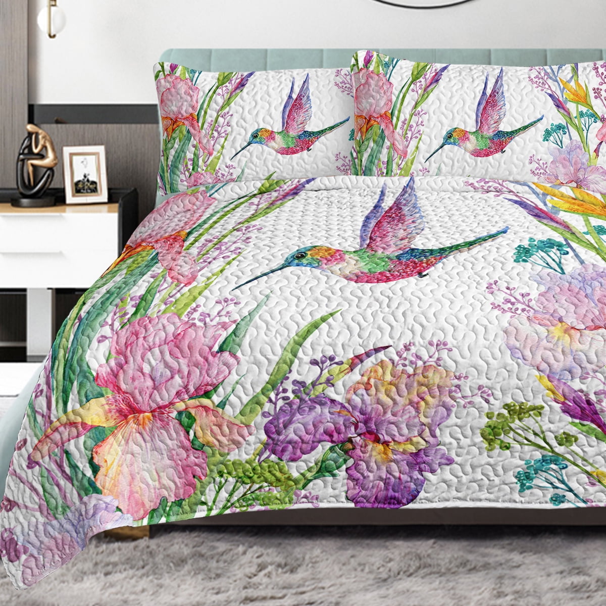 Colorful Bird Flower Design Quilt Set 3 Pieces King Size Soft Warm ...