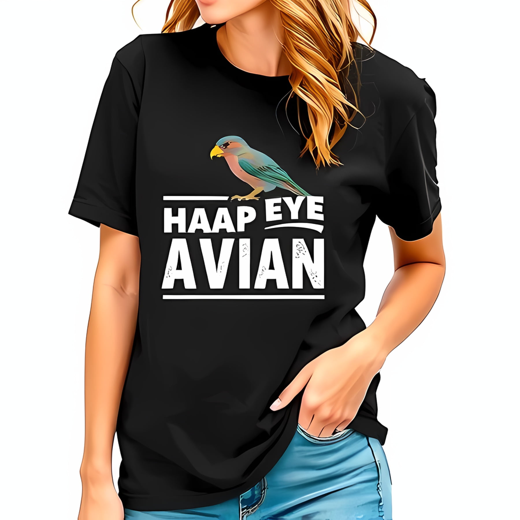 Colorful Bird Illustration T-Shirt "HAAP EYE AVIAN" Graphic Tee for ...