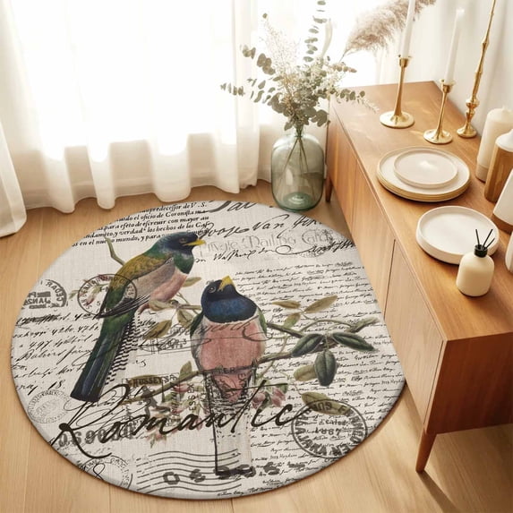 Colorful Bird Leaves Tree Branch Round Rug 3ft Vintage Postmark Letter ...