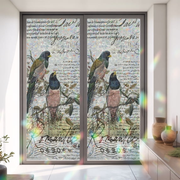Colorful Bird Leaves Tree Branch Window Privacy Film, Rainbow Film ...