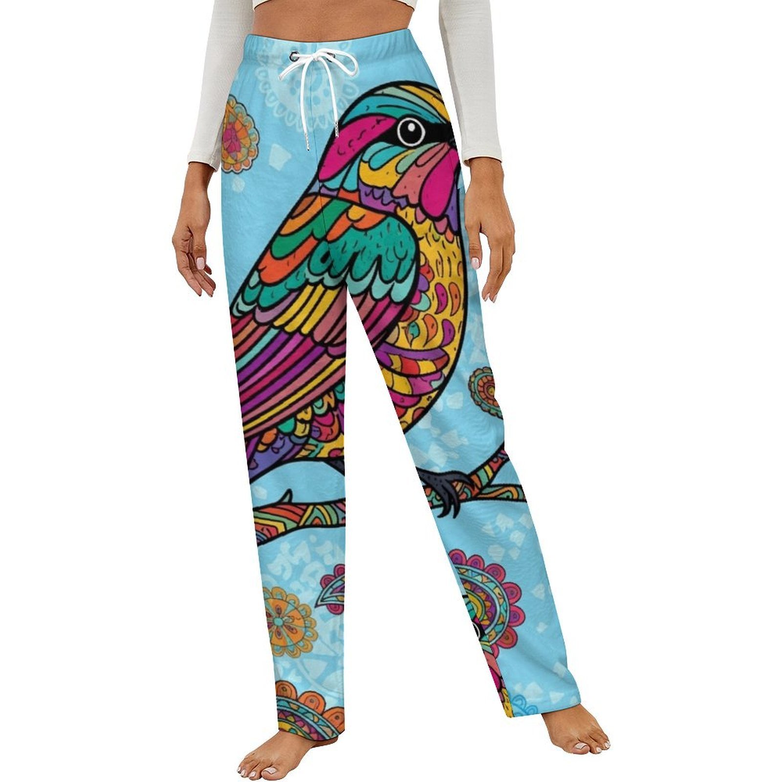 Colorful Bird Paisley Pattern Winter Female Pants Flannel High Waist ...