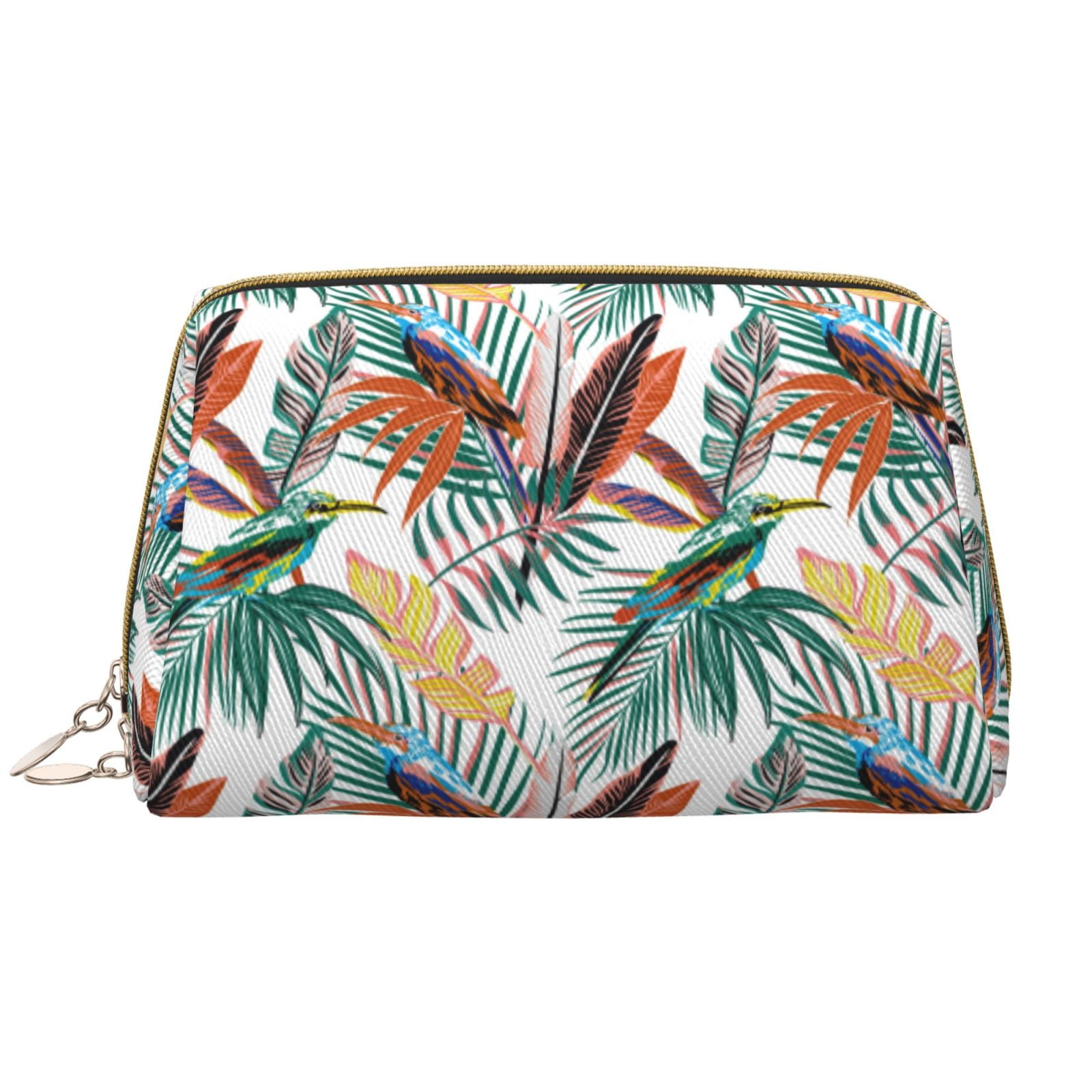 Colorful Bird Palm Leaves Makeup Bag, Leather Waterproof Travel ...