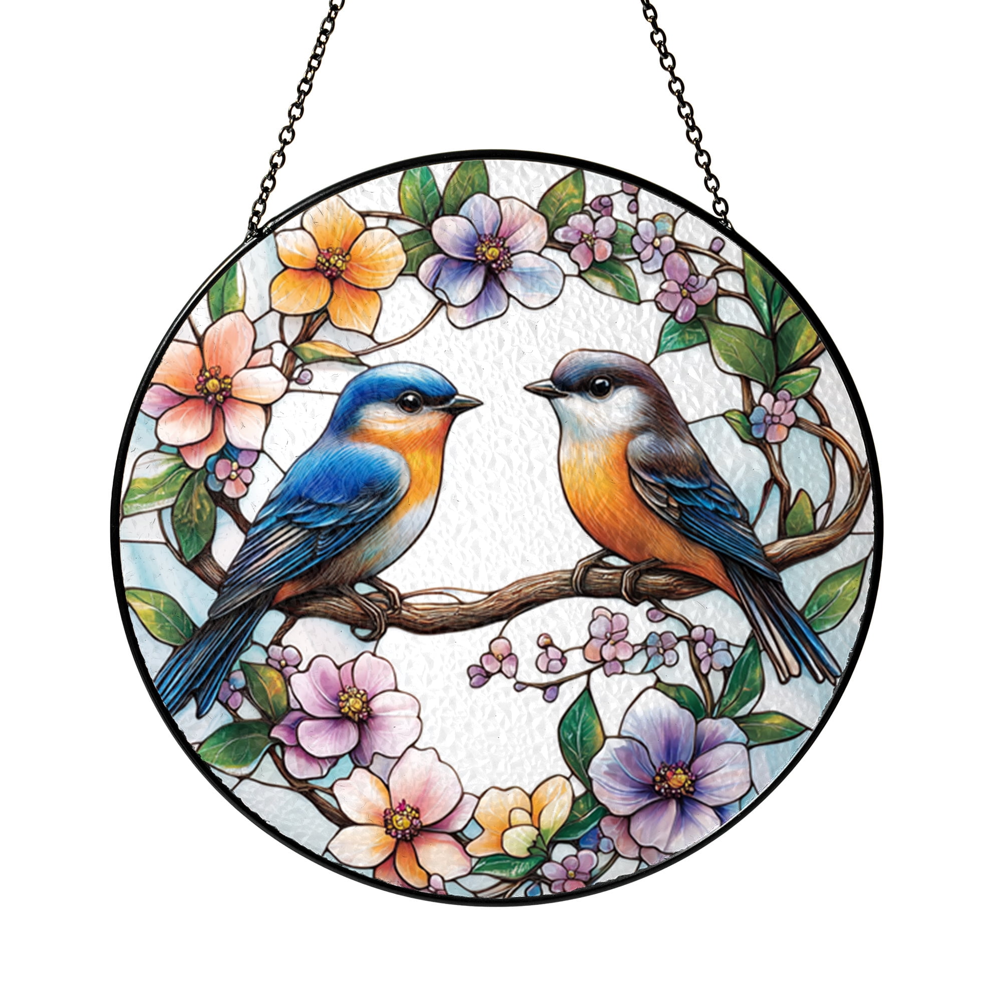 Colorful Bird and Wildflowers Stained Glass Suncatcher Window Hanging ...