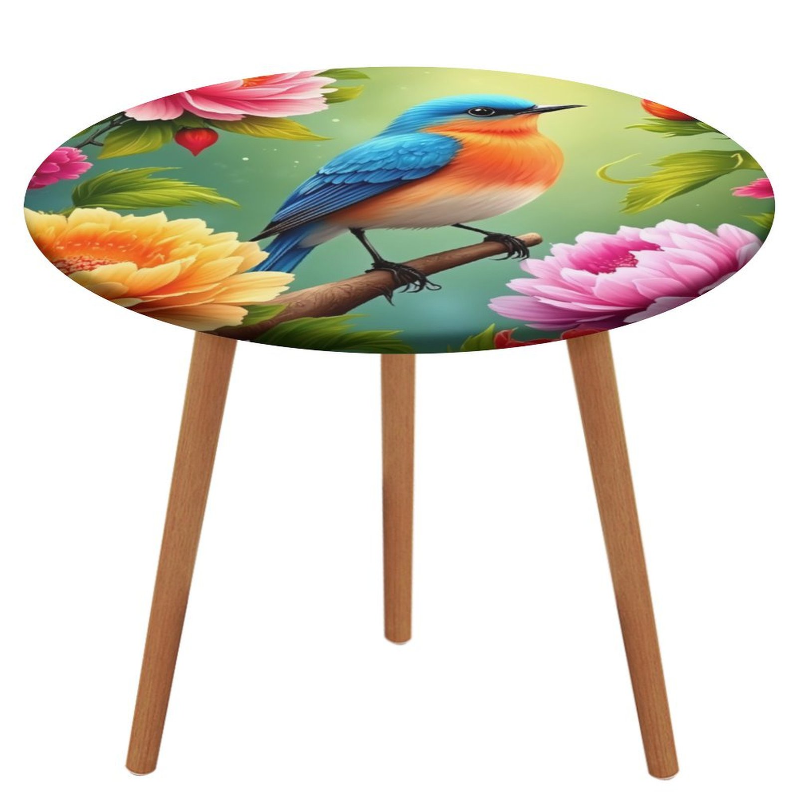 Colorful Bird in Bloom Pattern Round Tablecloth Waterproof Elastic ...