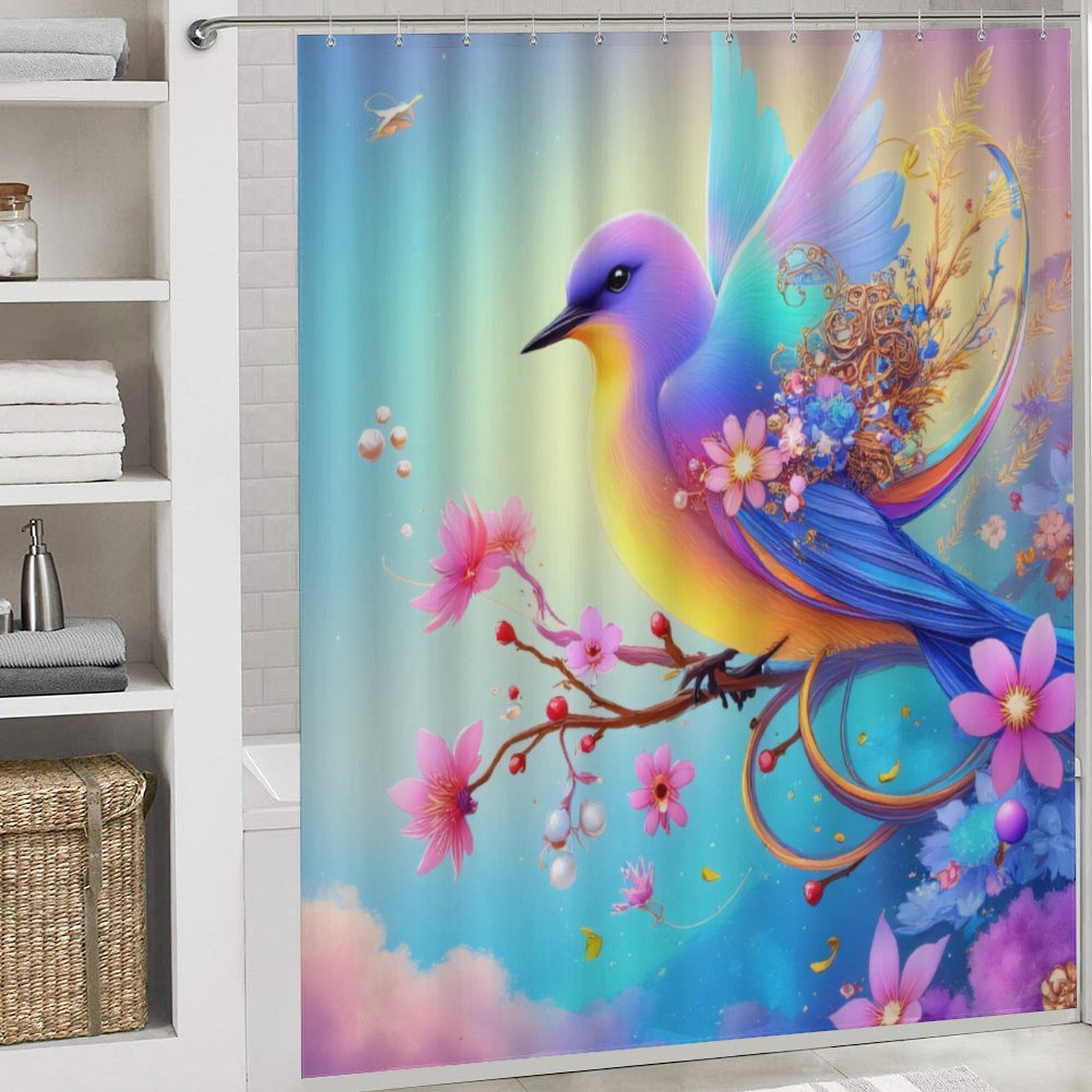 Colorful Bird in Fantasy Garden Shower Curtain Bathtub Decor Bathroom ...