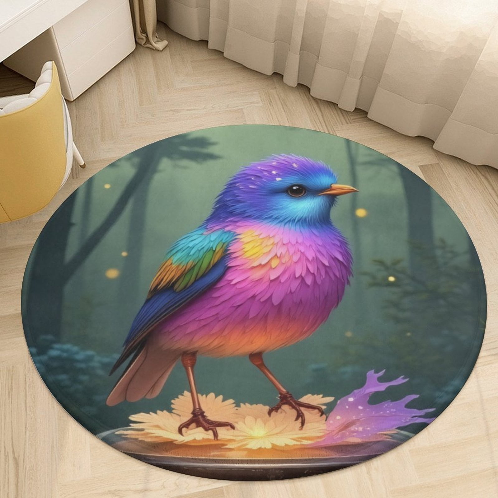Colorful Bird in Misty Forest Round Area Rugs for Bedroom Living Room ...