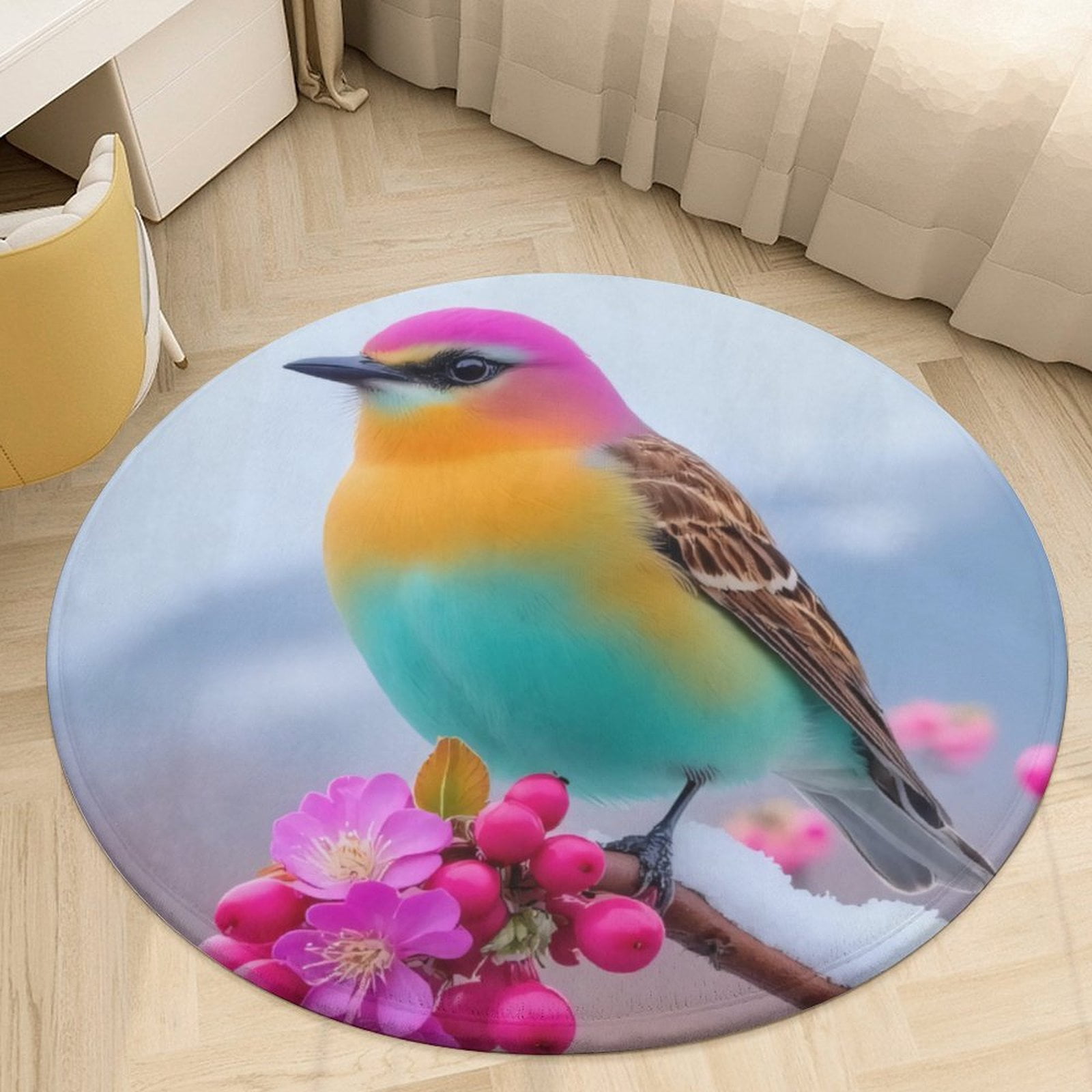 Colorful Bird on Berry Branch Round Area Rugs for Bedroom Living Room ...