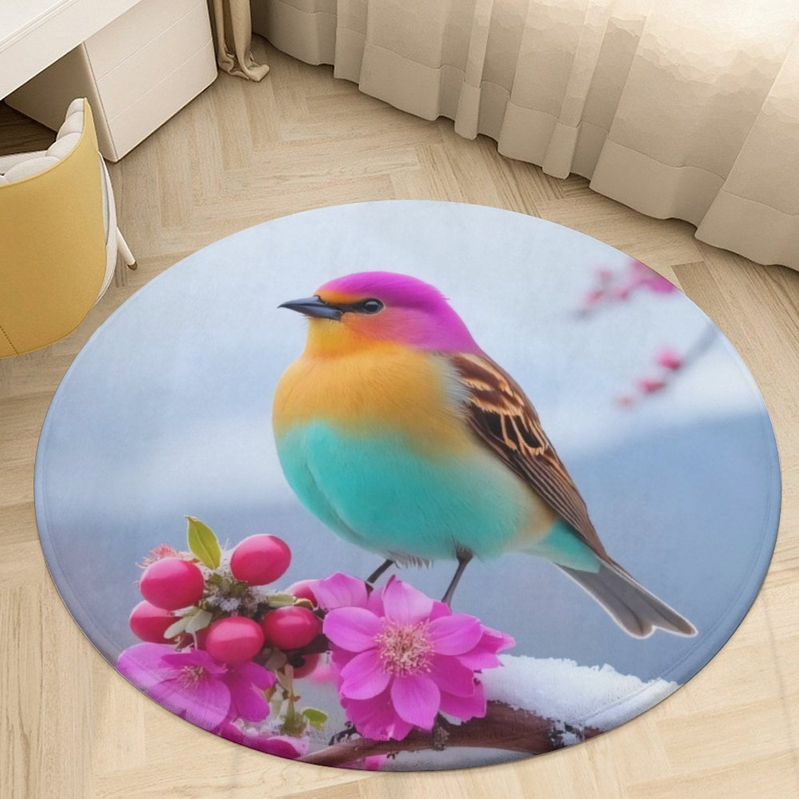 Colorful Bird on Blossom Branch Round Area Rugs for Bedroom Living Room ...