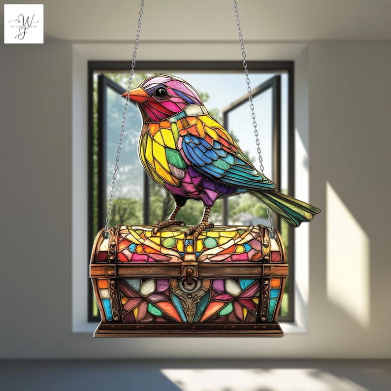 Colorful Bird on Treasure Chest Acrylic Window Hanging, Handcrafted ...