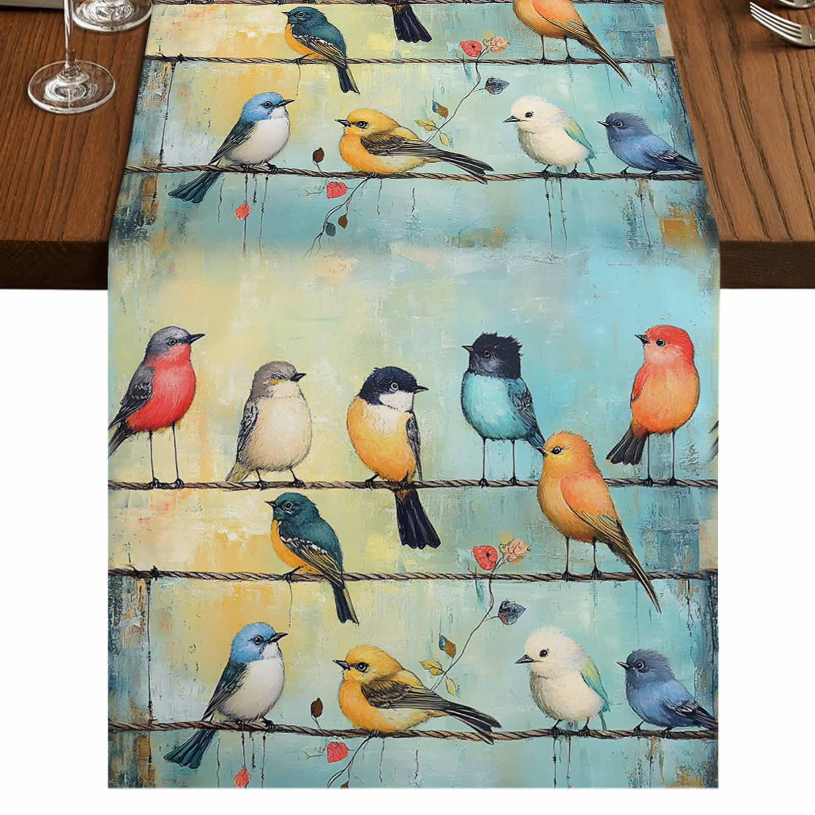 Colorful Birds 36 Inch Table Runner, Modern Oil Painting Art Spring ...