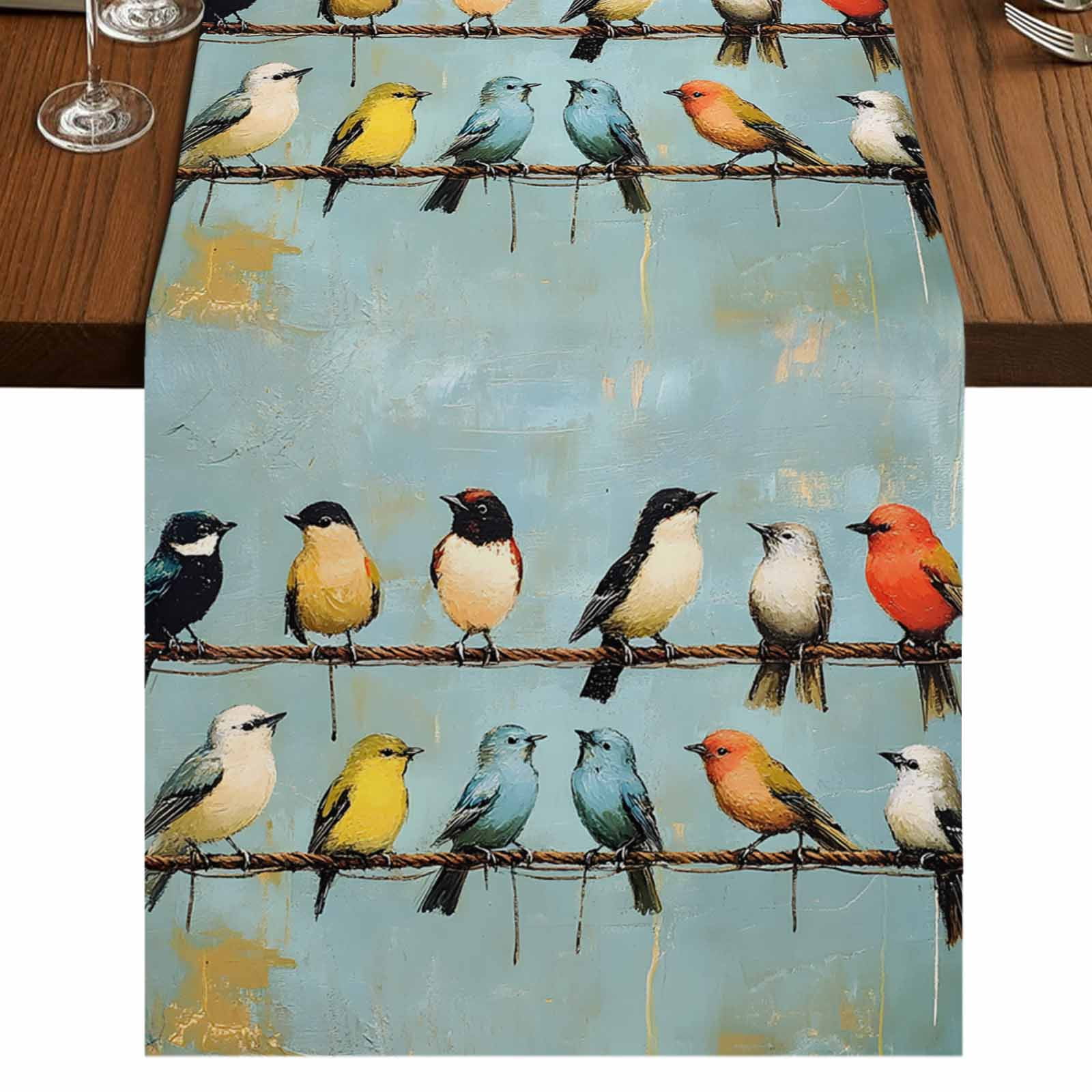 Colorful Birds 36 Inch Table Runner, Spring Animal Modernism Painting ...