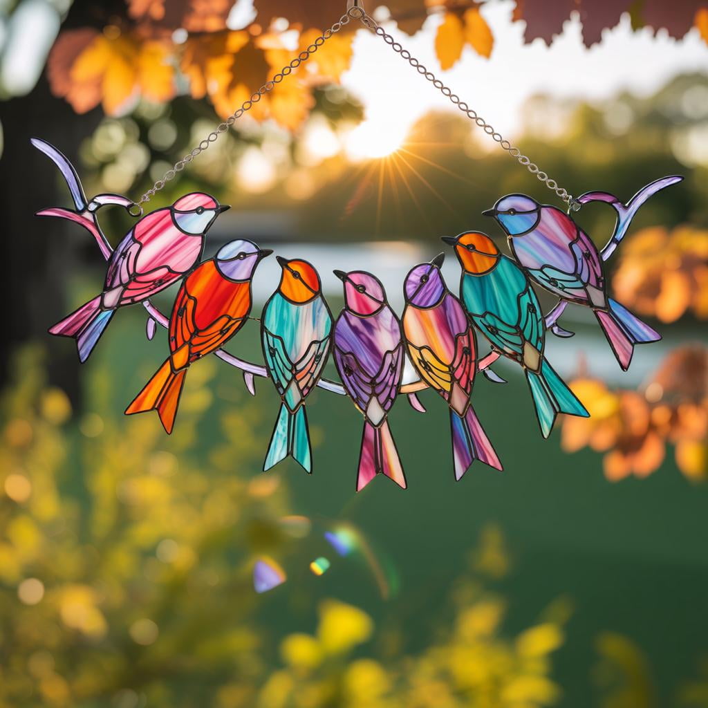 Colorful Birds Acrylic Suncatcher, Rainbow Bird Stained Glass Ornament ...