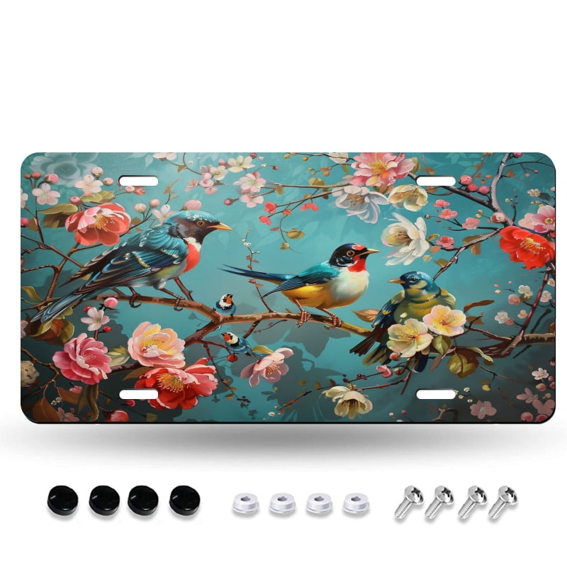 Colorful Birds Amidst a Bouquet of Blossoms License Plate Frame ...