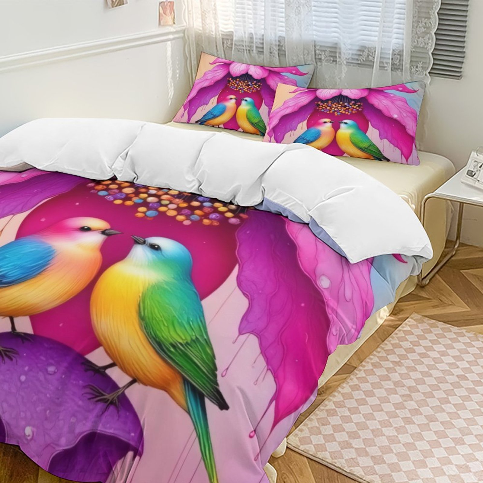 Colorful Birds And Pink Flower Duvet Cover Set Bedding Set Polyester ...