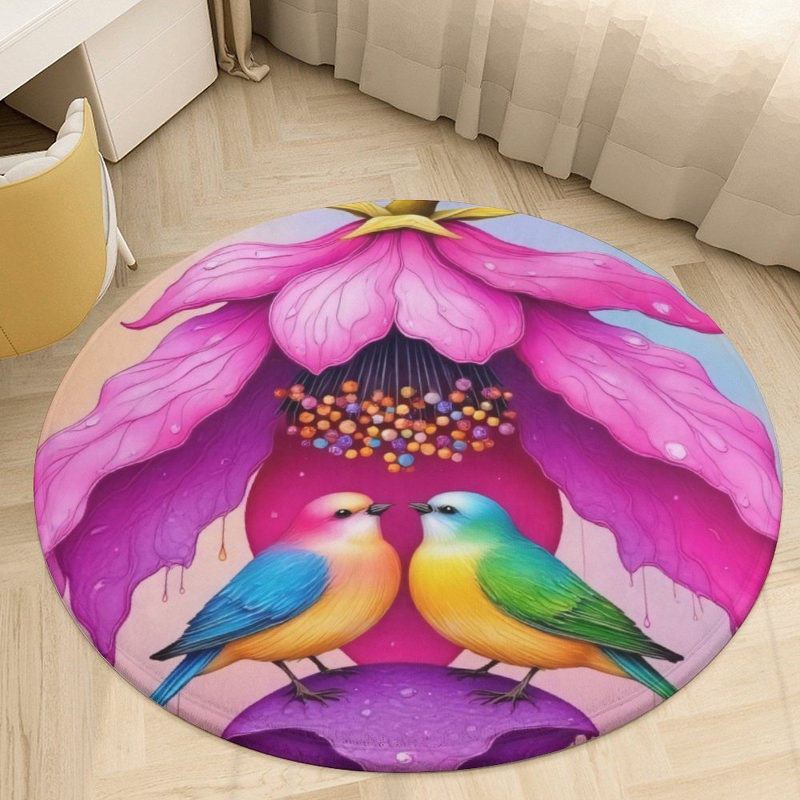 Colorful Birds And Pink Flower Round Area Rugs for Bedroom Living Room ...