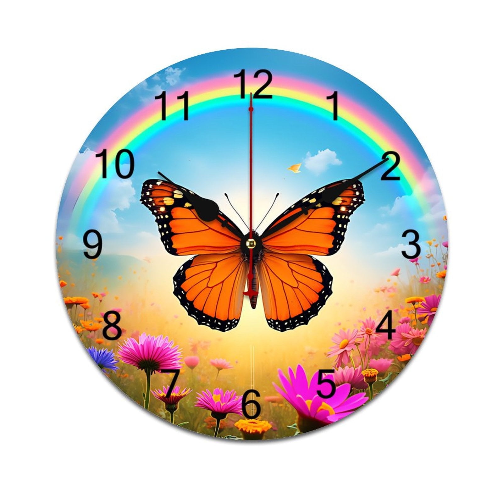 Colorful Birds Butterflies And Flowers Printed Silent Wall Clock Round ...