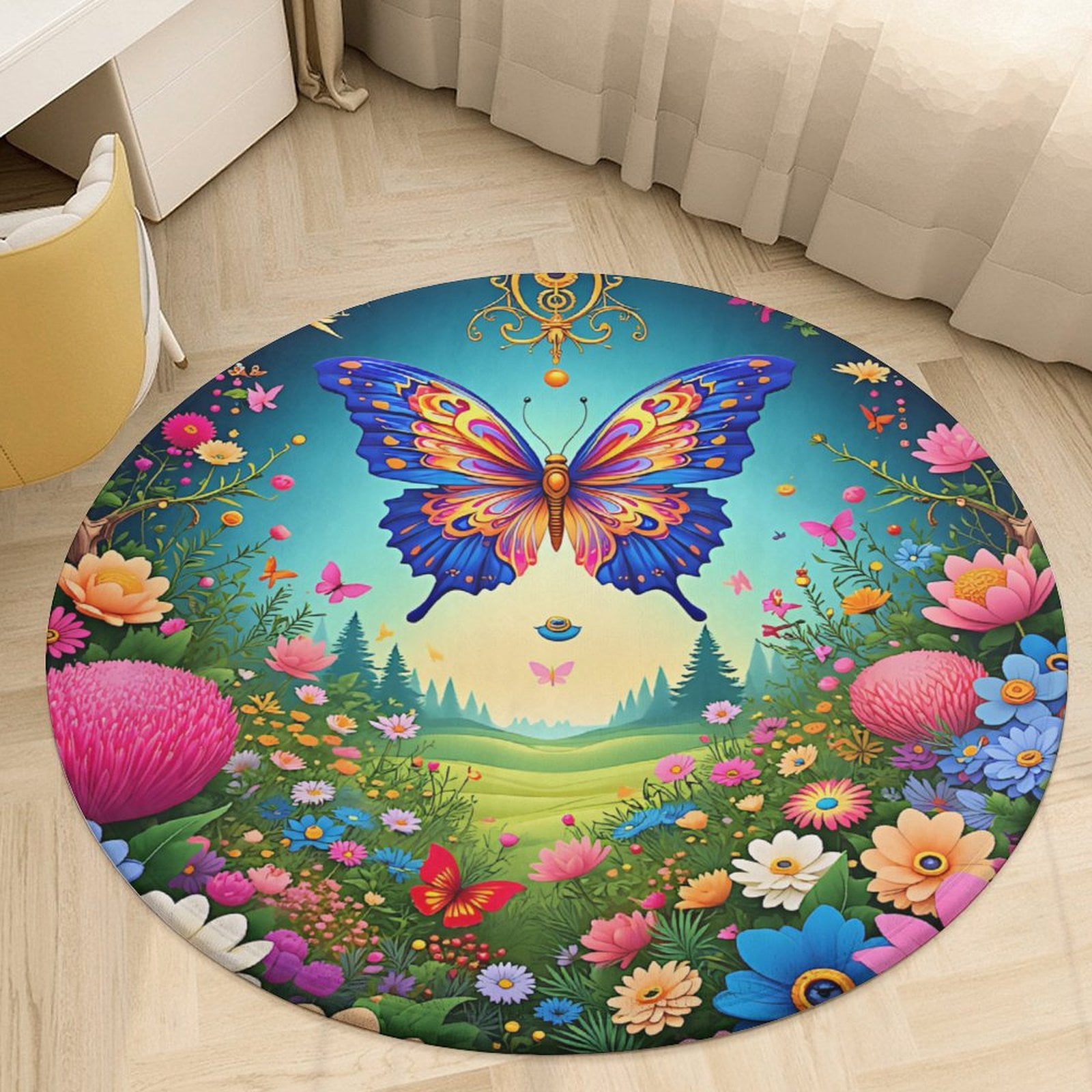 Colorful Birds Butterflies And Flowers Round Area Rugs for Bedroom ...
