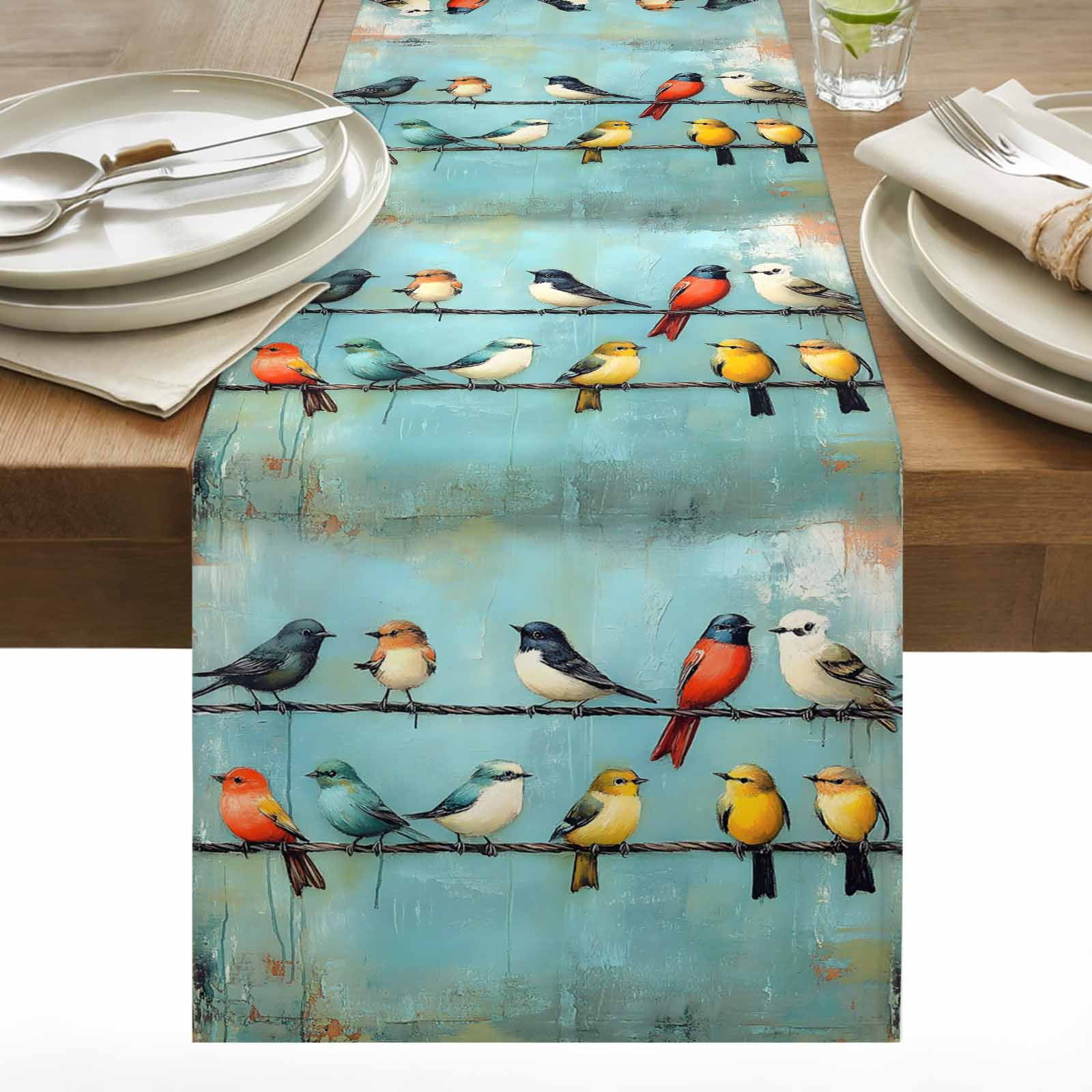 Colorful Birds Cotton Linen Table Runner Spring Red Yellow Animal ...