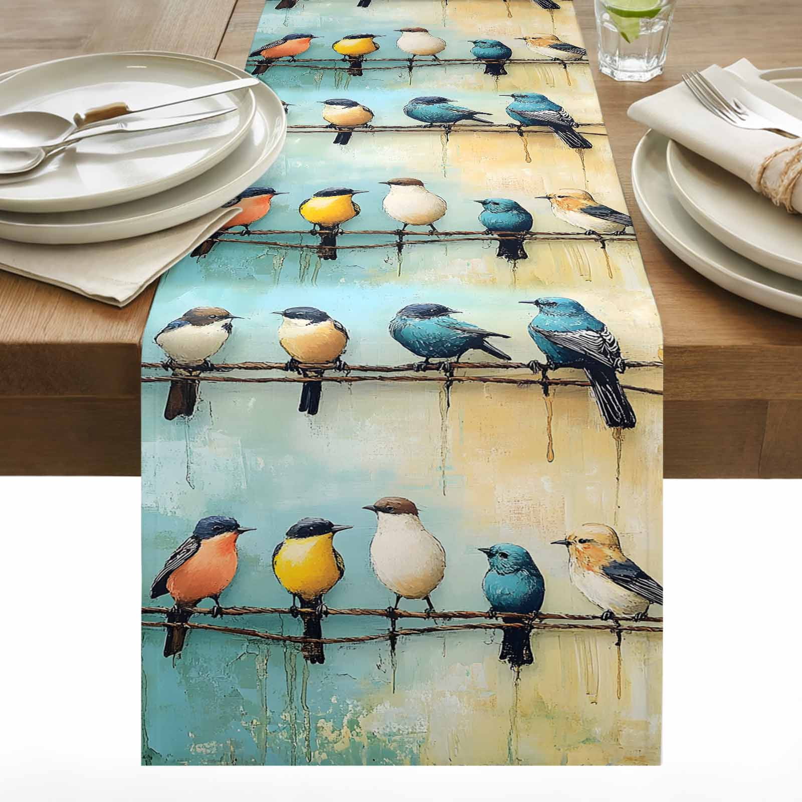 Colorful Birds Cotton Linen Table Runner Spring Red Yellow Blue Animal ...