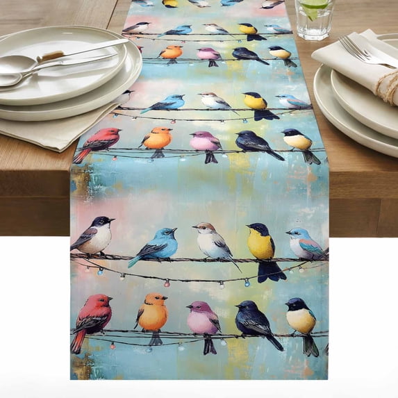 Colorful Birds Cotton Linen Table Runner Spring Red Yellow Blue Animal ...