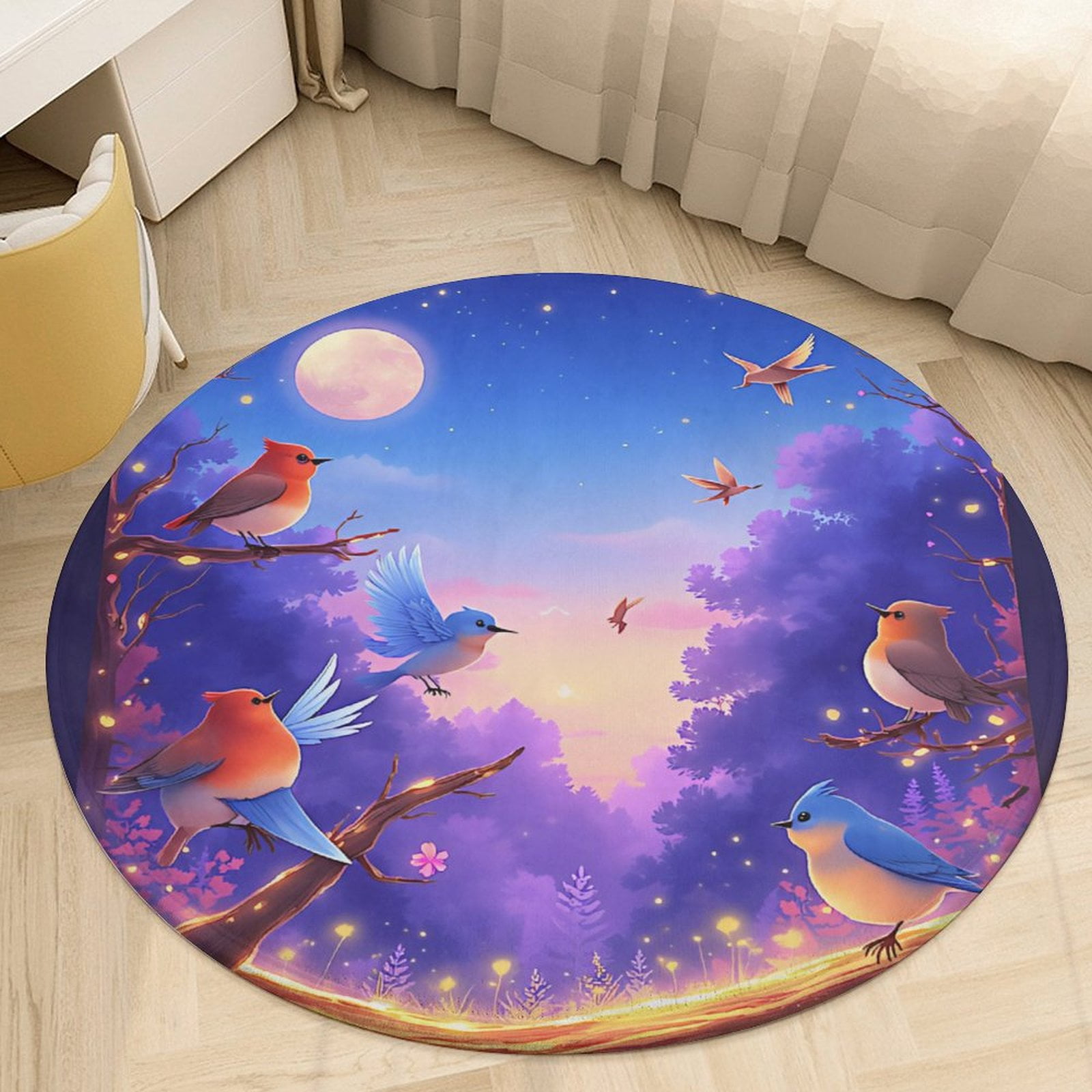 Colorful Birds Flowers And A Full Moon Round Area Rugs for Bedroom ...