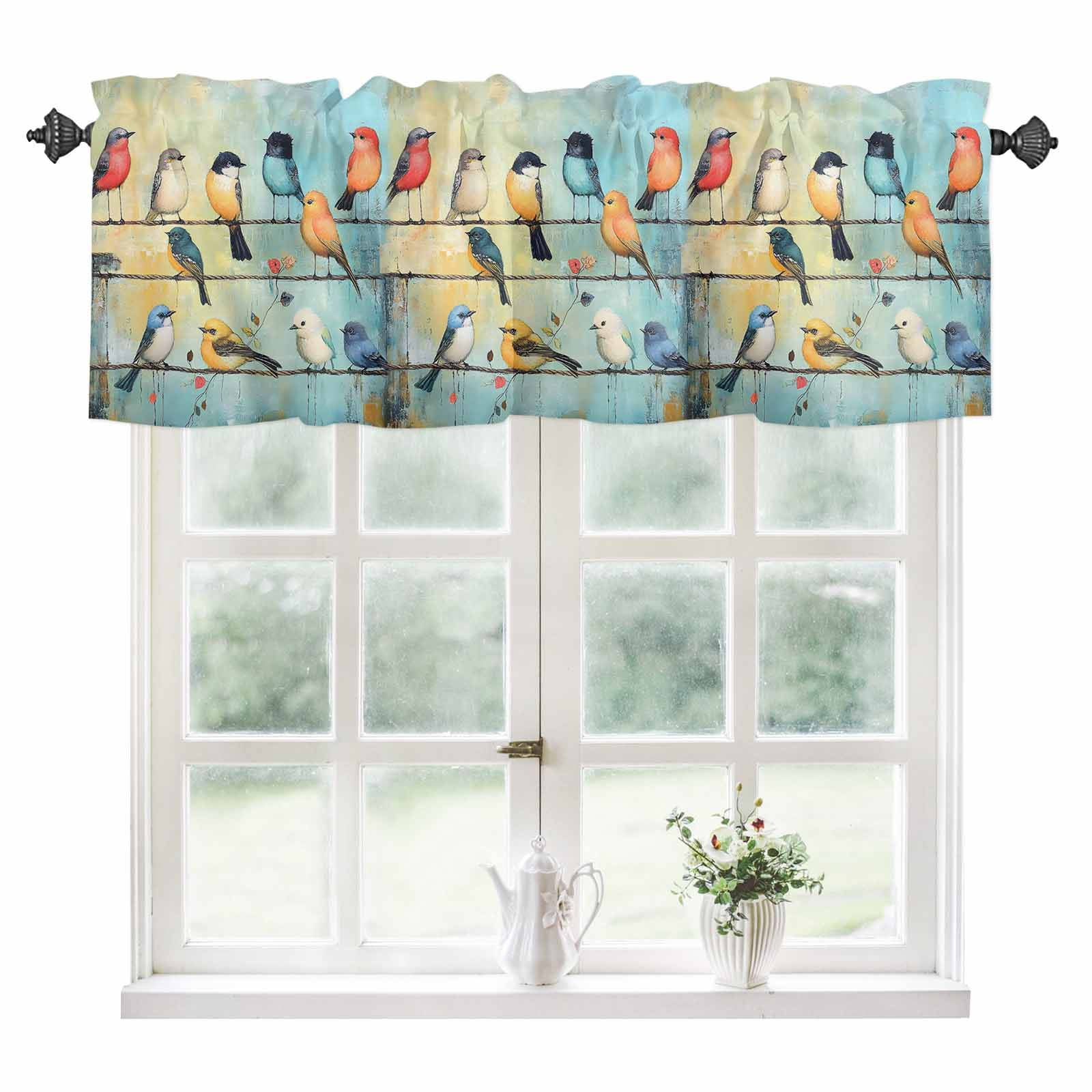 Colorful Birds Kitchen Valances for Windows 42x12 Inch Kitchen Curtains ...