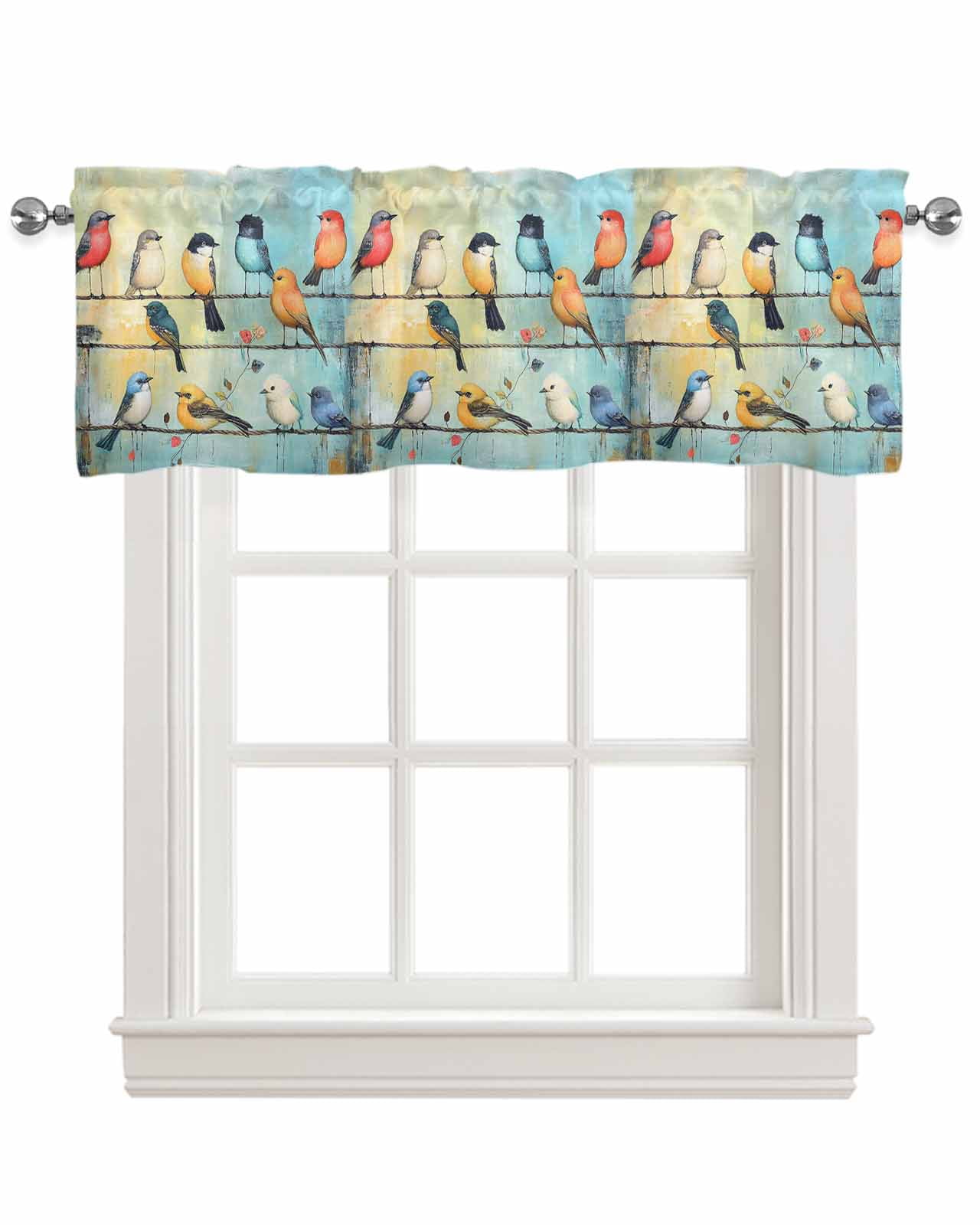 Colorful Birds Kitchen Valances for Windows Farmhouse Linen Window ...