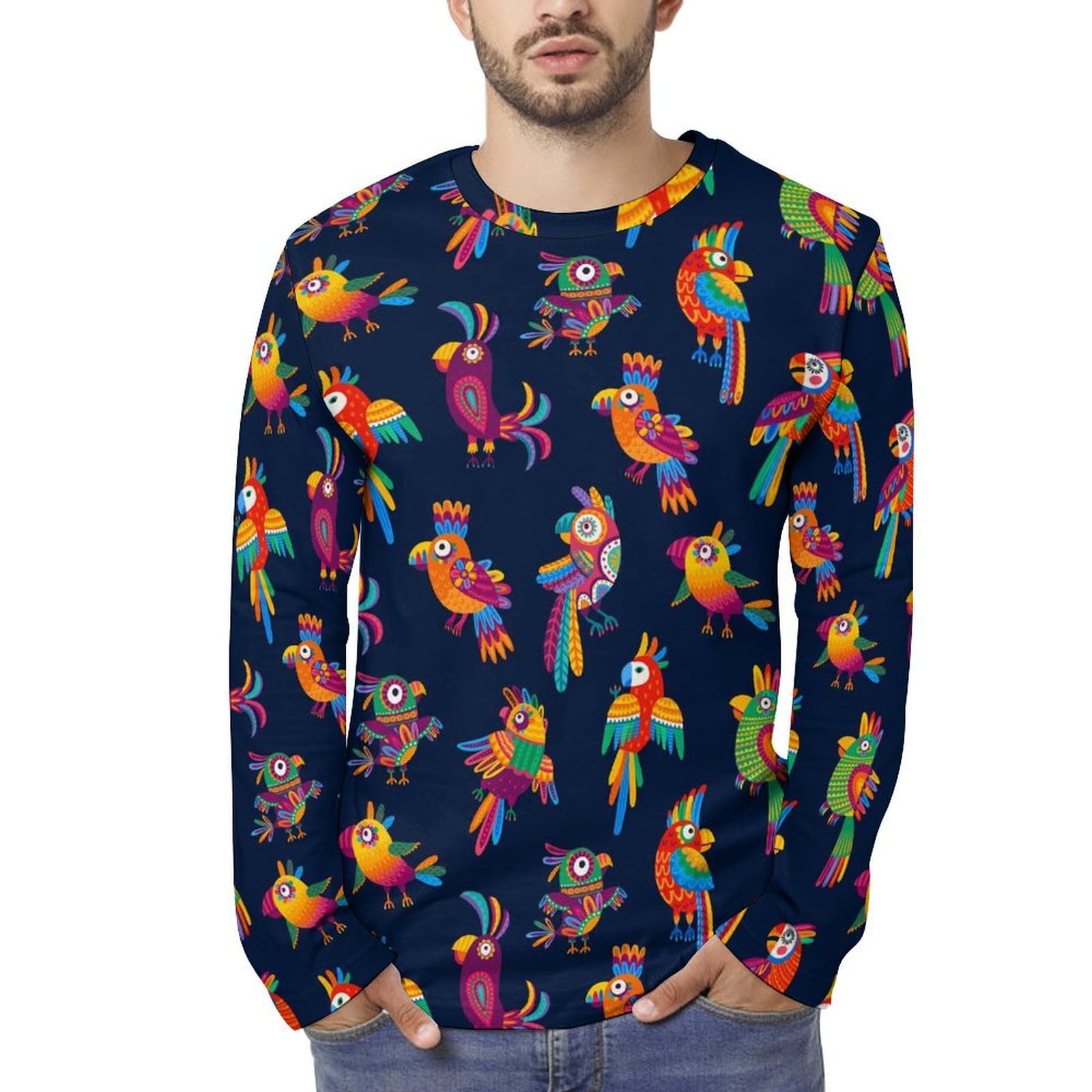 Colorful Birds Long Sleeve T Shirts for Men, Crew Neck Mens Long Sleeve ...