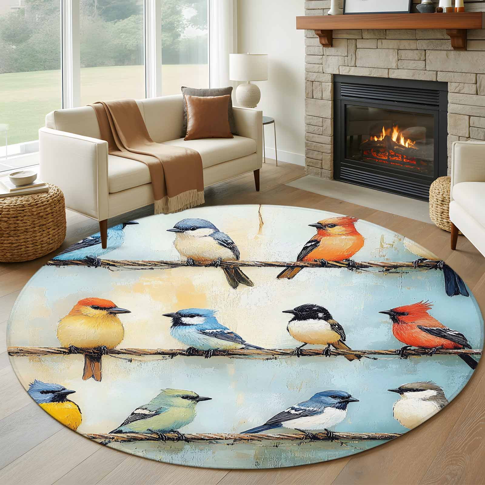 Colorful Birds Oil Painting 6ft Round Rugs, Retro Spring Birds Animals ...