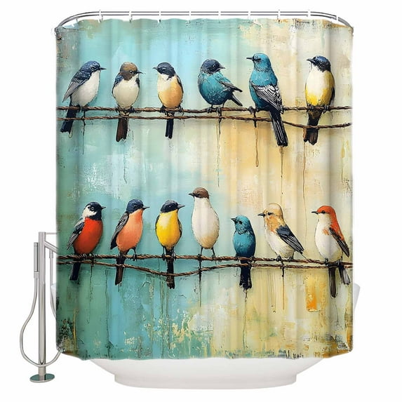 Colorful Birds Oil Painting Bathroom Shower Curtains with 12 Hooks ...