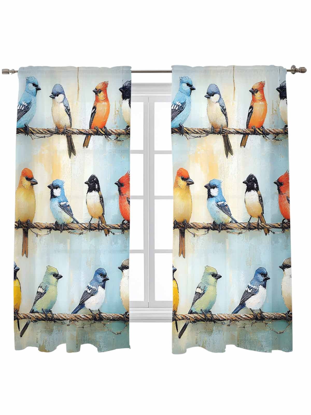 Colorful Birds Oil Painting Curtains 63 Inch Length,Sheer Curtains for ...