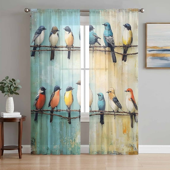 Colorful Birds Oil Painting Sheer Curtains 72 Inch Length 2 Panels Set ...