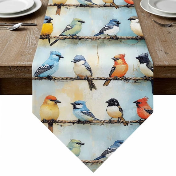 Colorful Birds Oil Painting Table Runner Linen Burlap Table Runner 108 ...