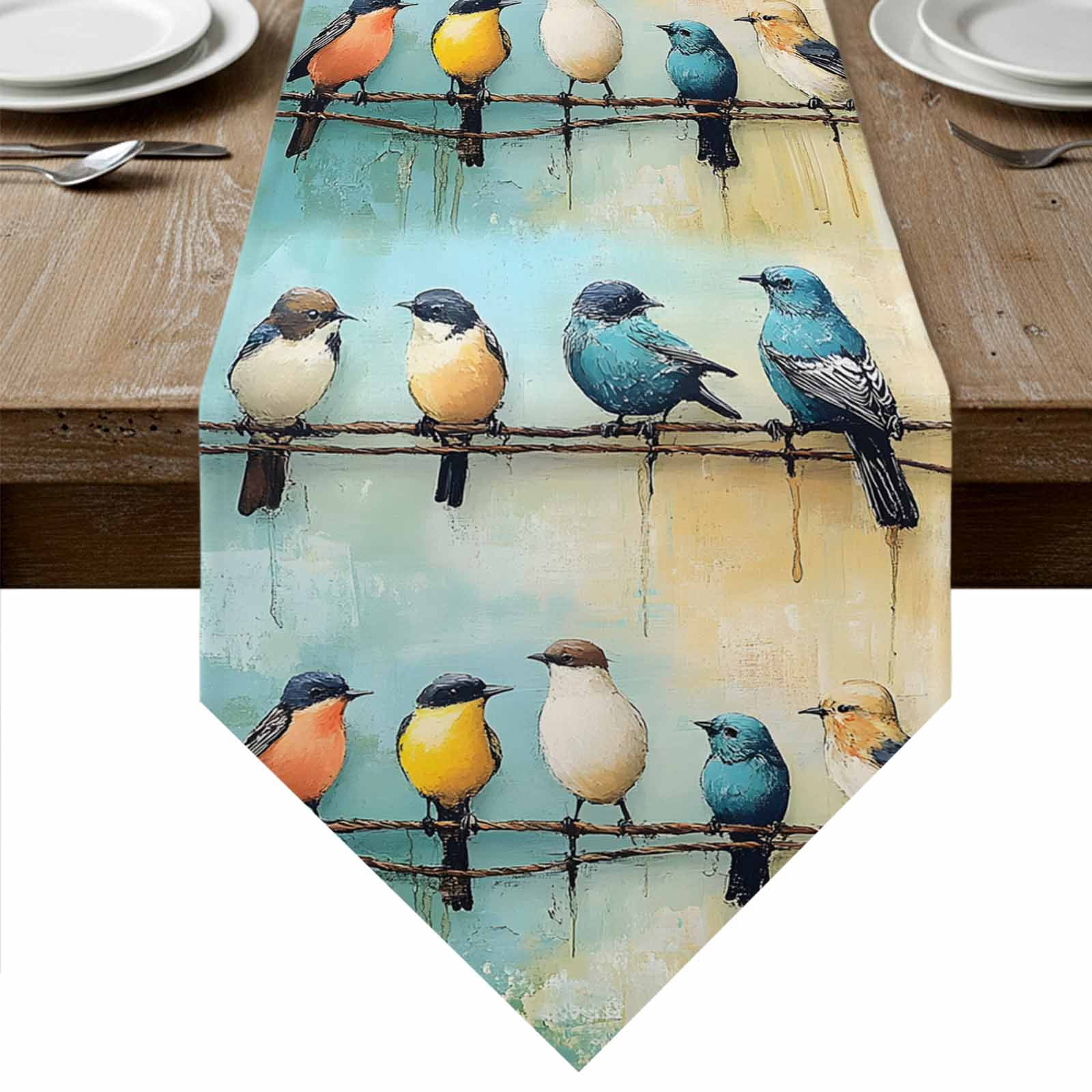 Colorful Birds Oil Painting Table Runner Linen Burlap Table Runner 70 ...
